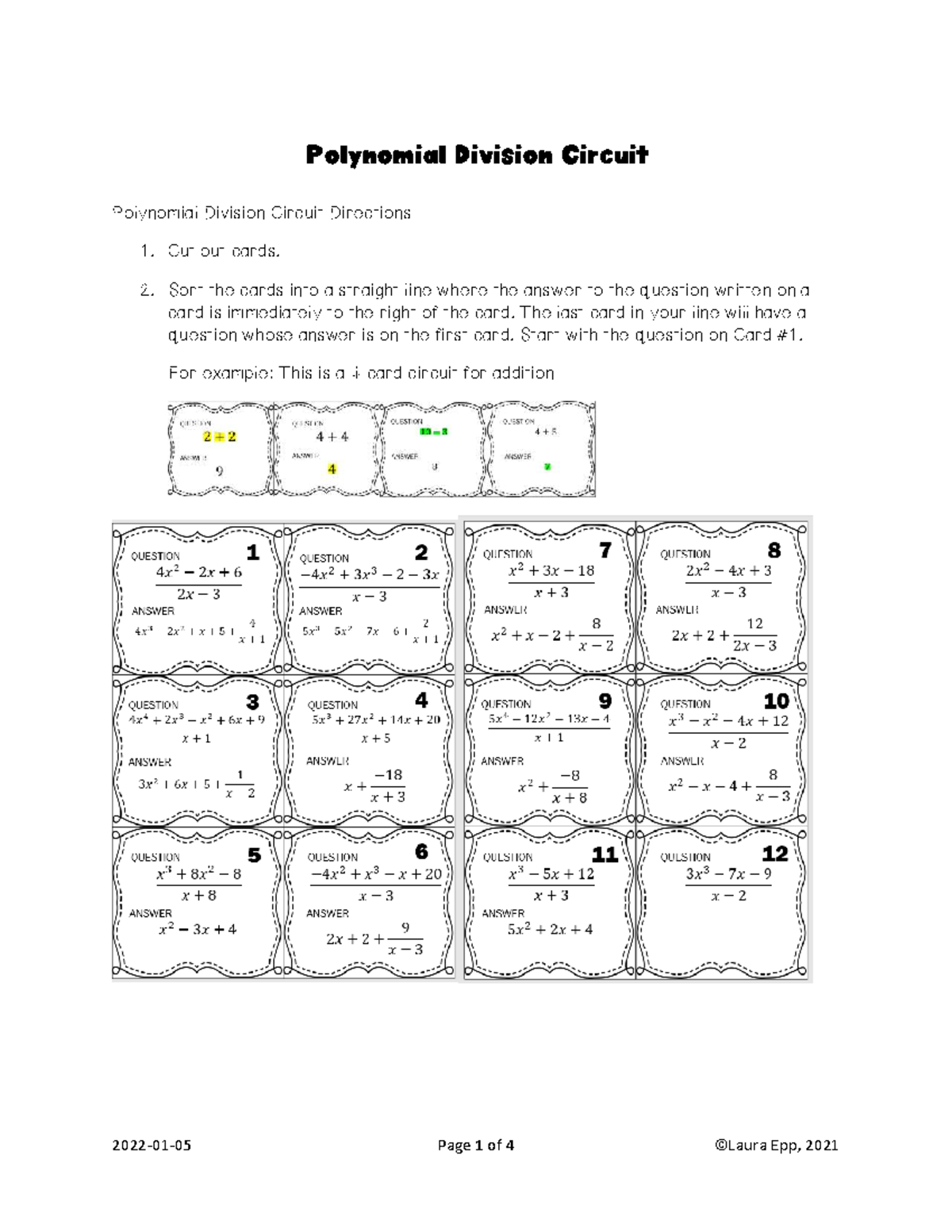 Polynomial Division Circuit - Activity Instructions and Answer Key ...