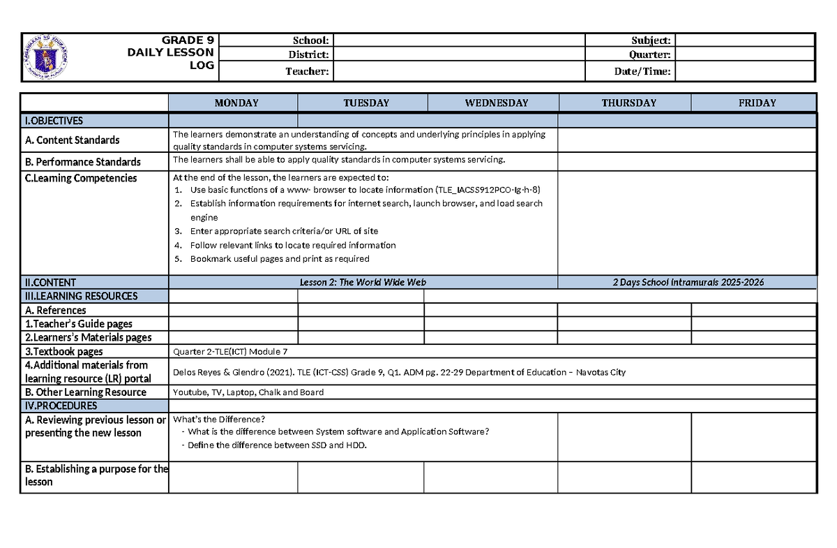 TLE 9 - Daily Lesson Log Week 3, 2nd Quarter Activities - Studocu