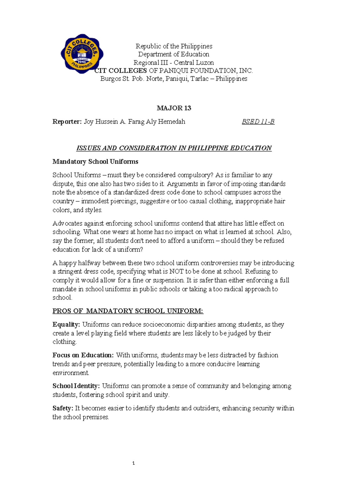Mandatory School Uniforms and Diversity in Education Issues (MAJOR 13 ...