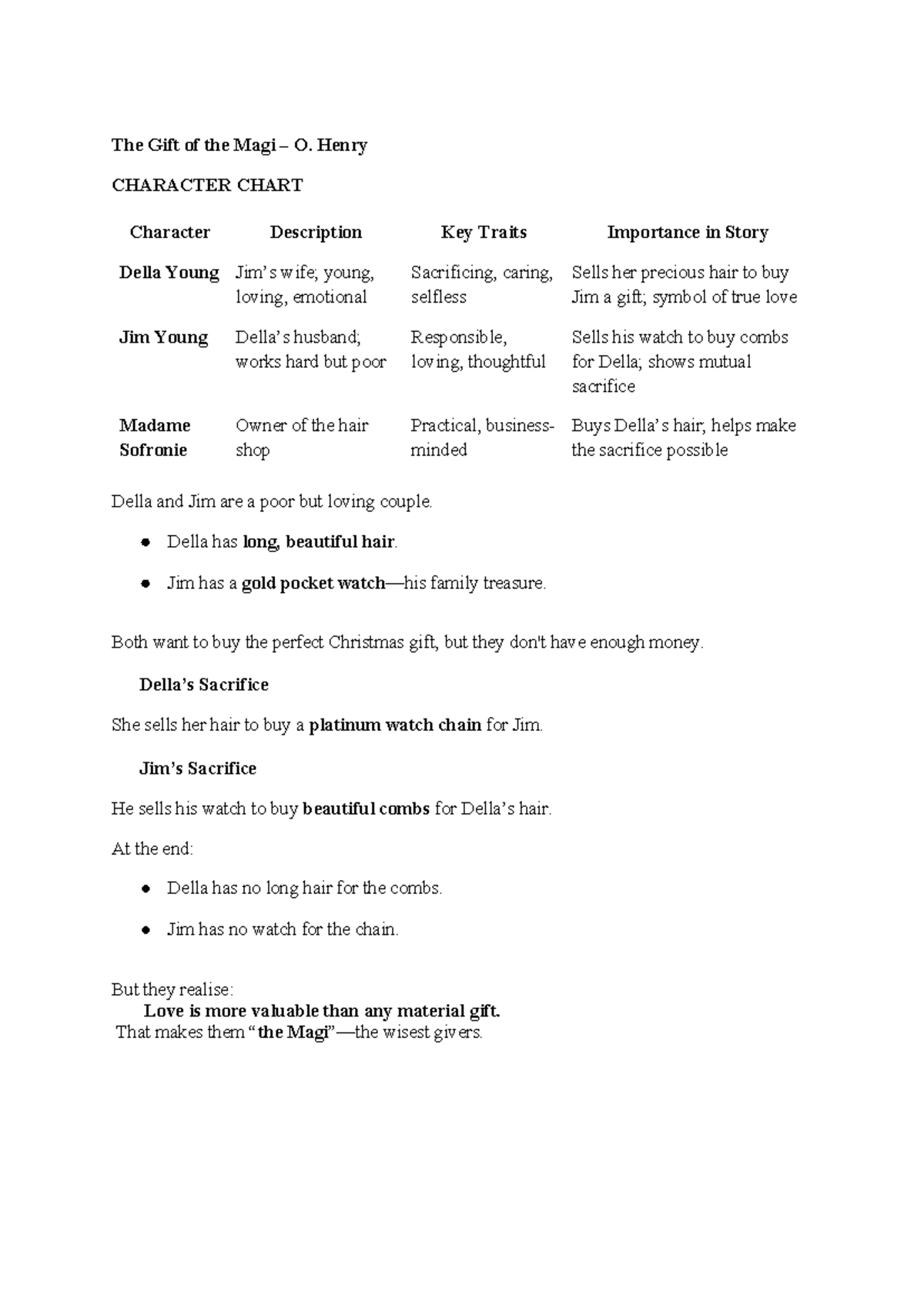 The Gift of the Magi - O. Henry Character Analysis Chart - Studocu