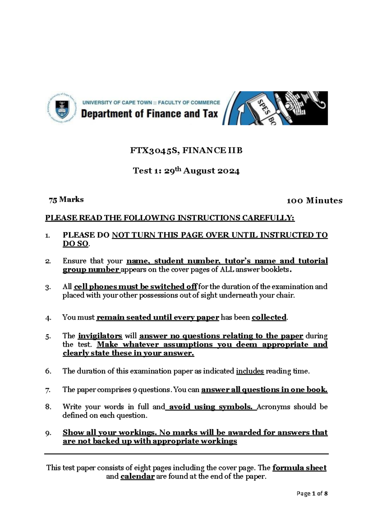 FTX3045S Finance IIB Test 1 Instructions & Questions - Aug 29, 2024 ...