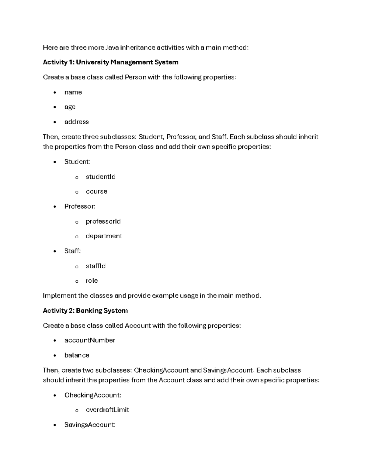 Java Inheritance Activities: University & Banking Systems (CS101) - Studocu
