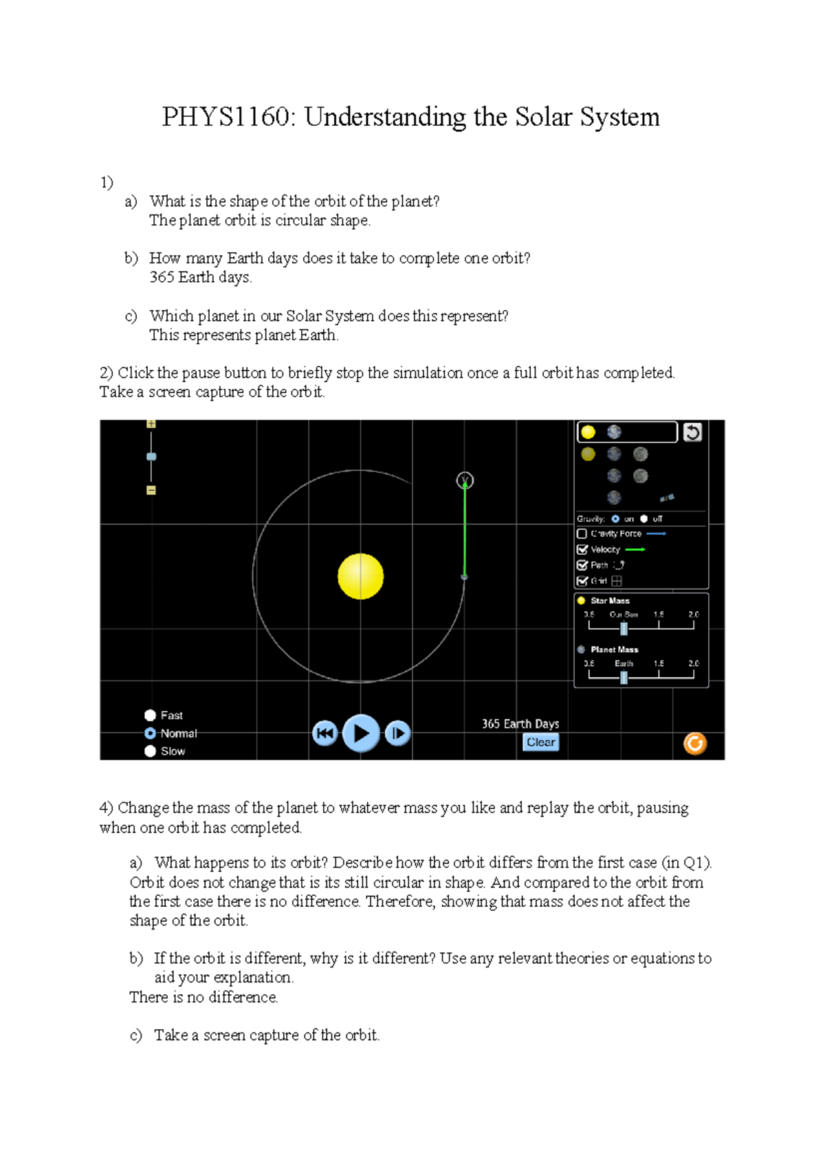 PHYS1160: Preliminary Results on Planetary Orbits and Motion - Studocu