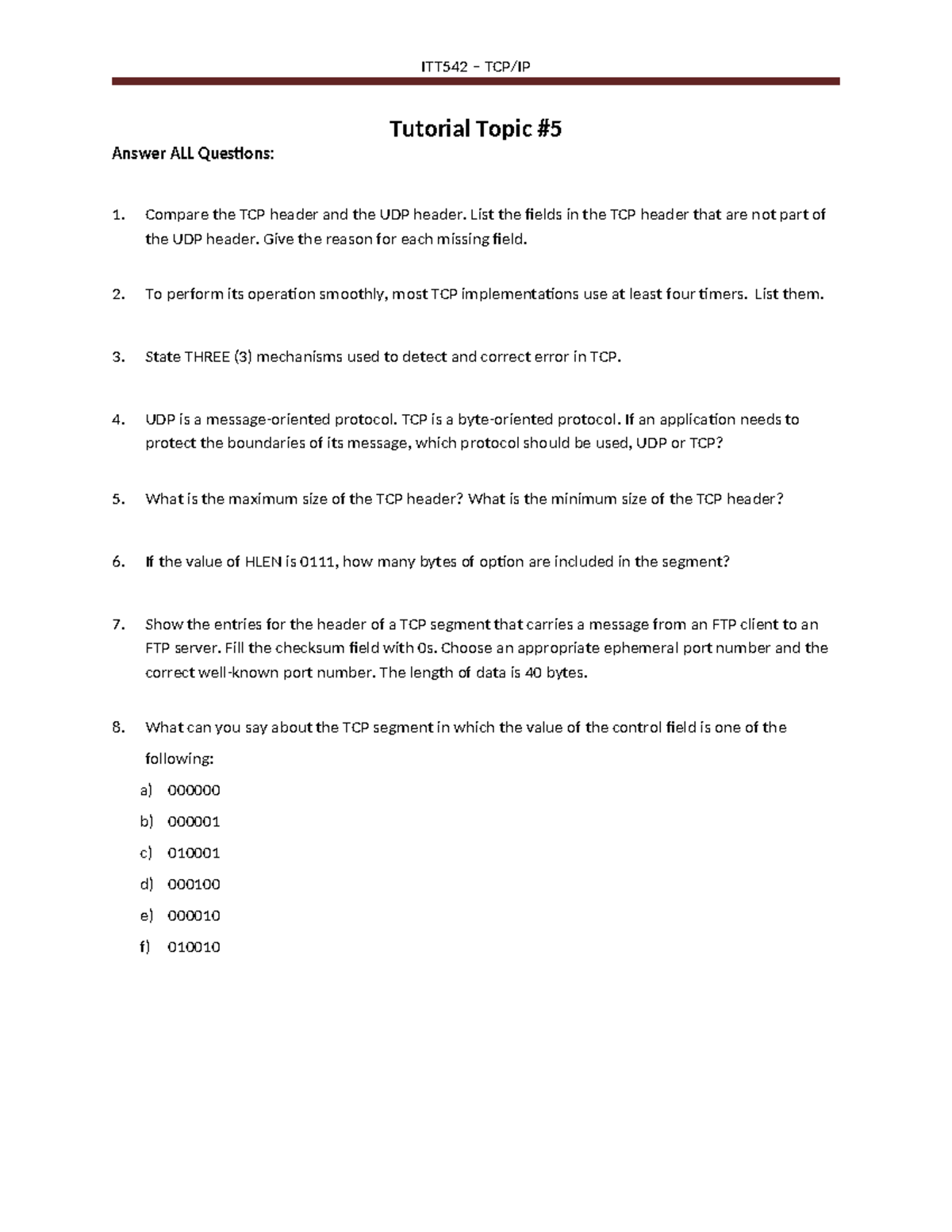 ITT542 Tutorial Topic 5: TCP vs UDP Header Comparison and Analysis ...