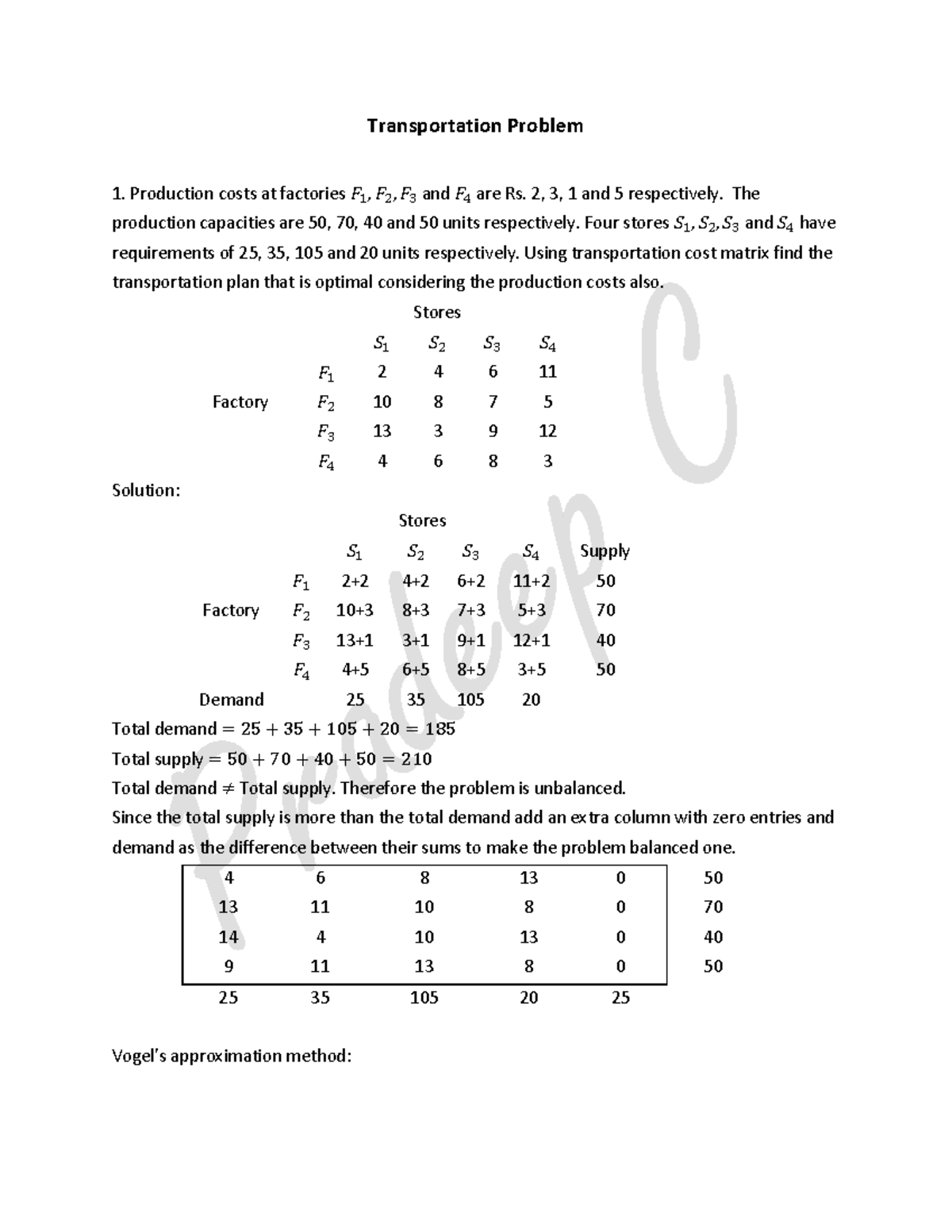 Transportation problem ass - Transportation Problem Production costs at ...