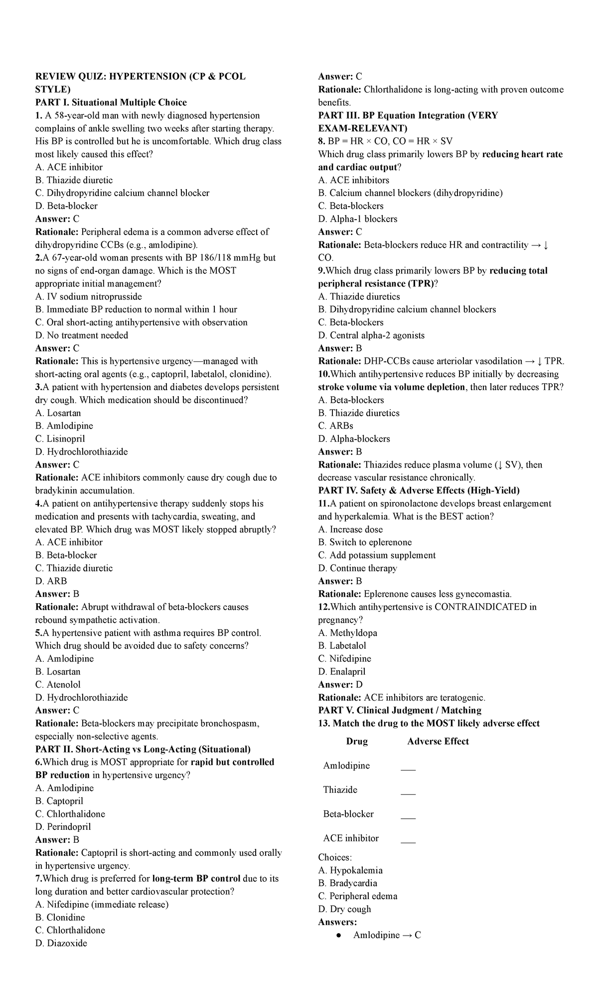 REVIEW QUIZ: HYPERTENSION (CP PCOL) - SITUATIONAL MULTIPLE CHOICE - Studocu