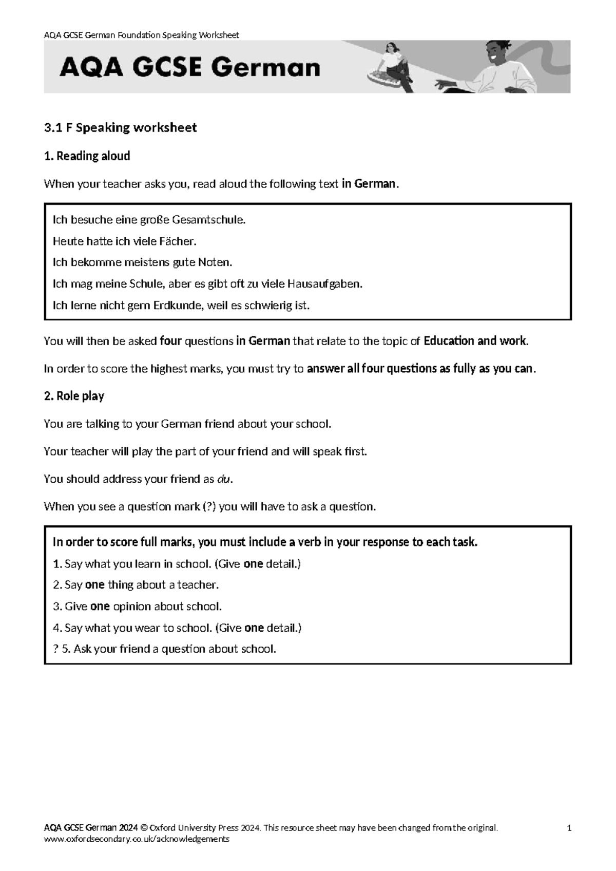 AQA GCSE German Unit 0301F Foundation Speaking Worksheet - Studocu