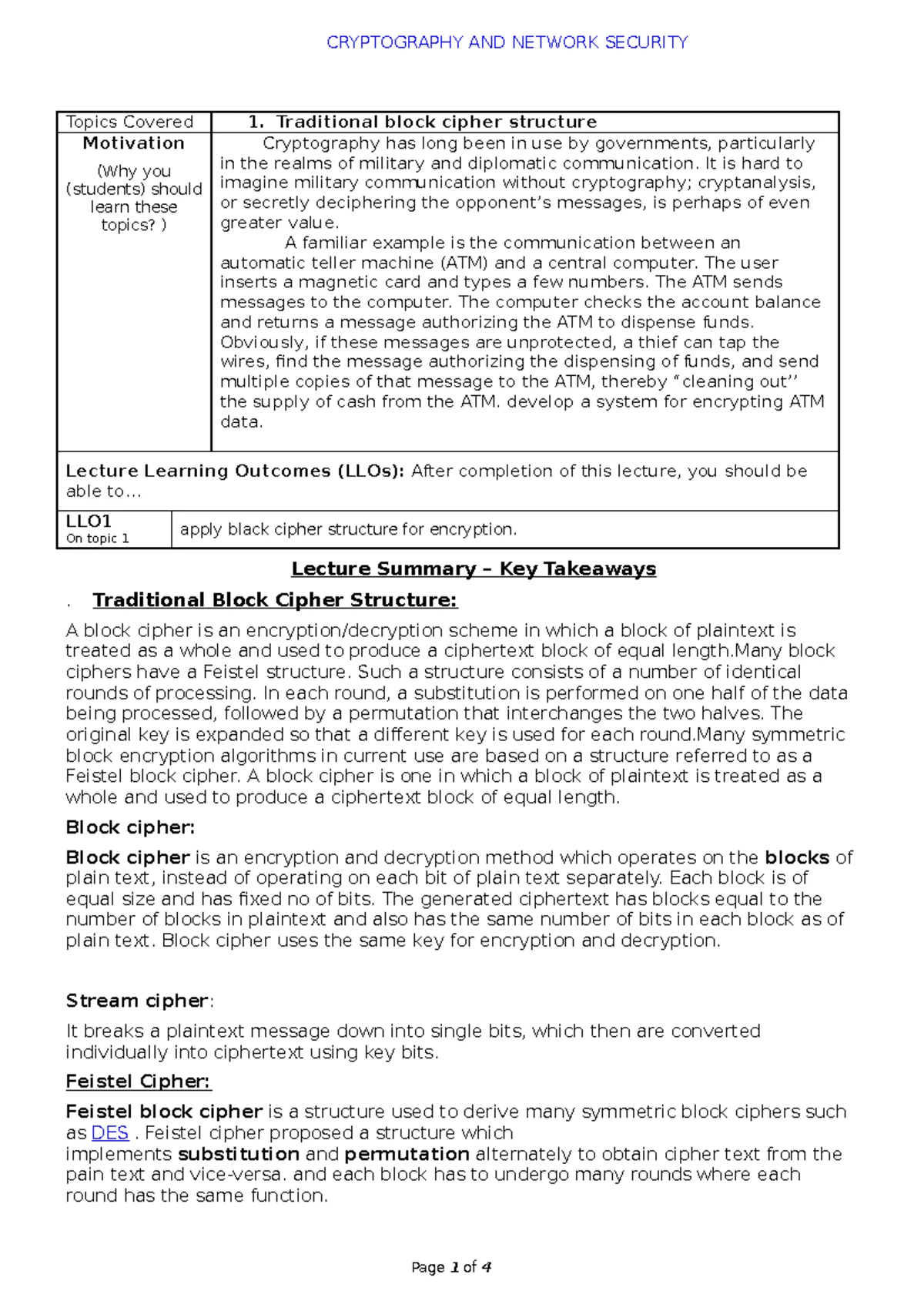 Traditional block cipher structure, The data encryption standard (DES) - Topics Covered 1. - Studocu
