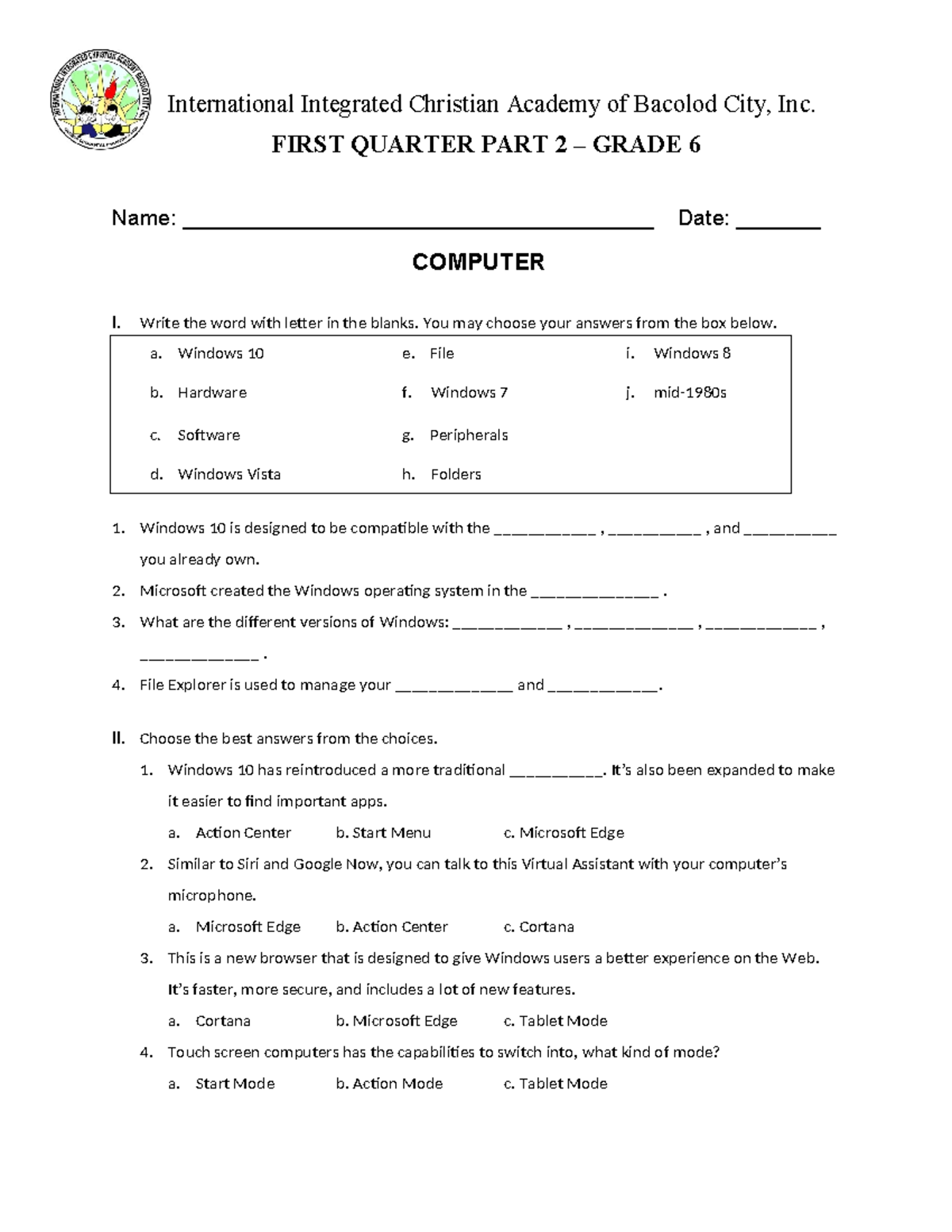 IICA Grade 6 Computer Quiz: Windows OS Basics - Studocu