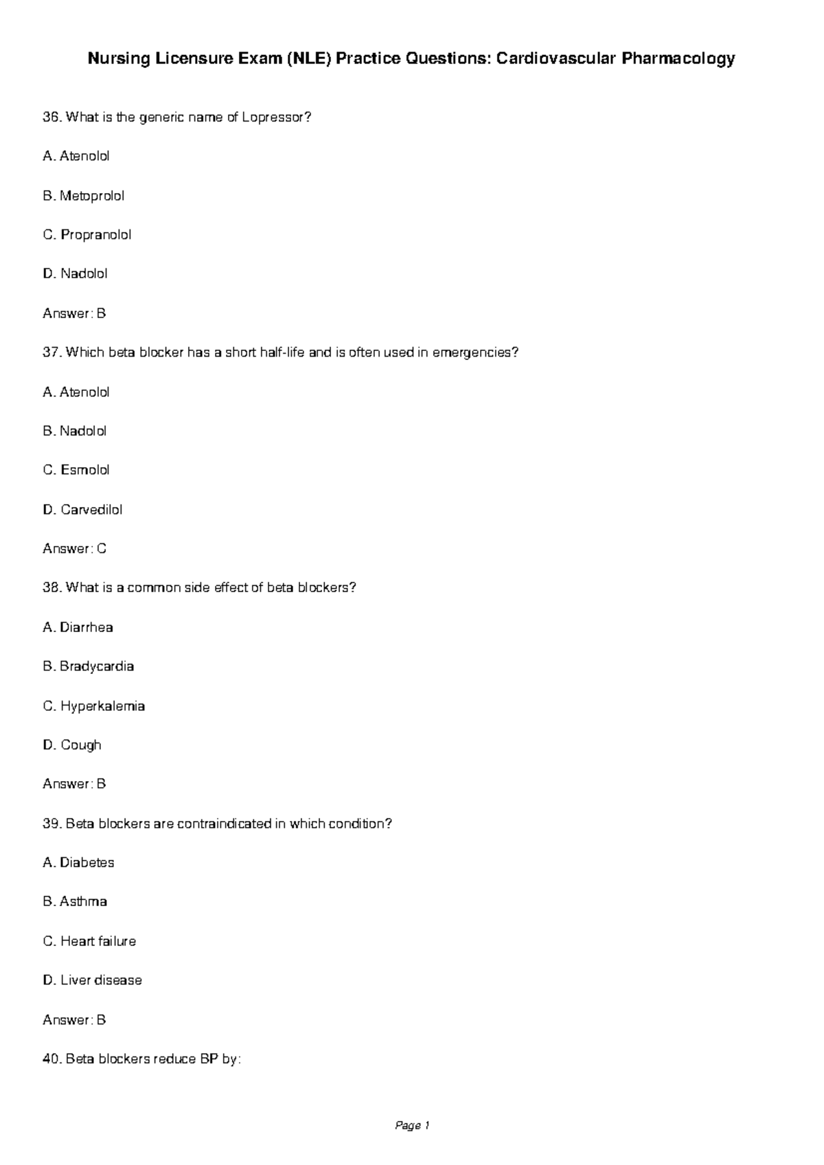 NLE Practice Questions: Cardiovascular Pharmacology Part 2 - Studocu