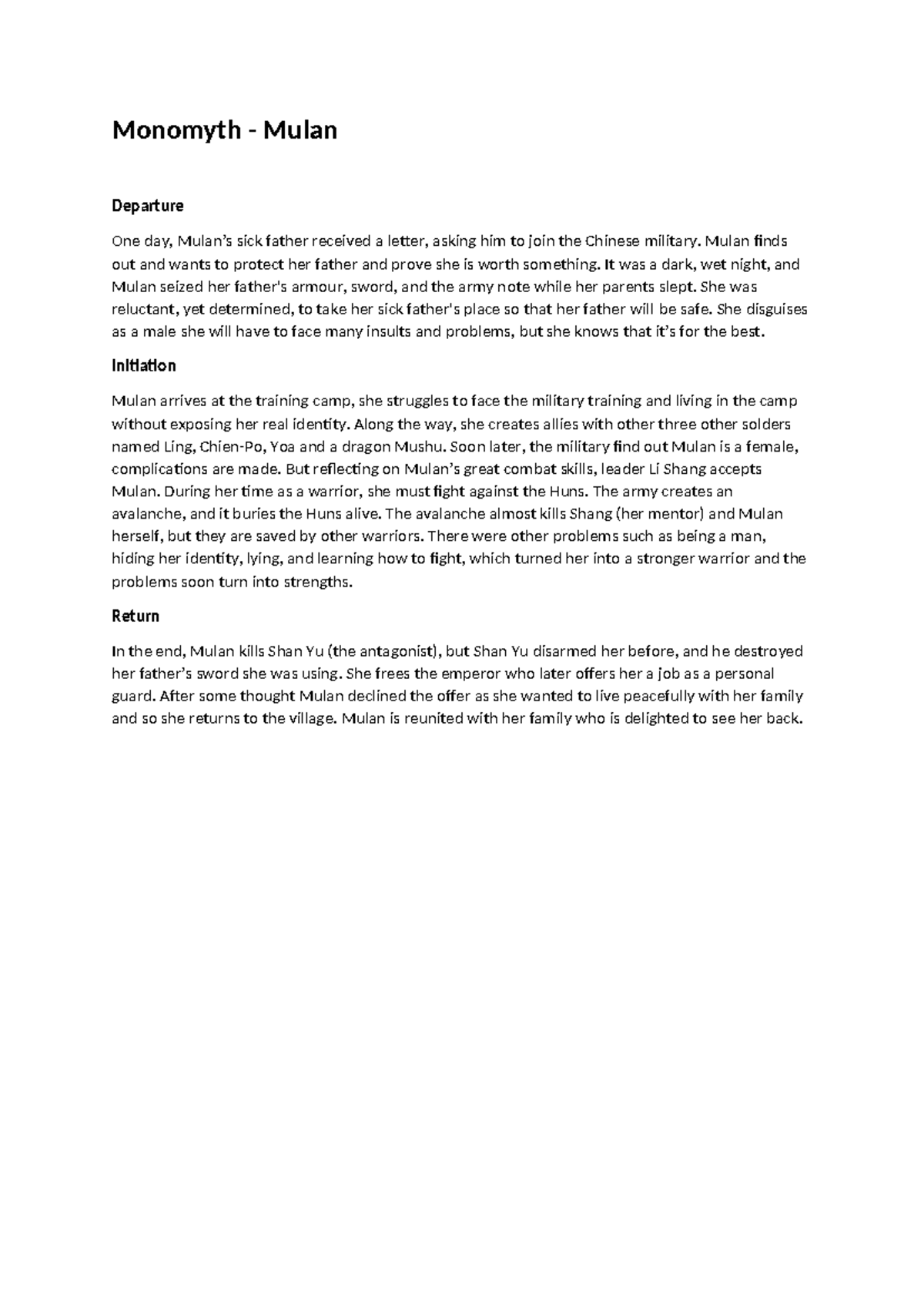Mulan's hero's journey: A study of the monomyth structure - Studocu