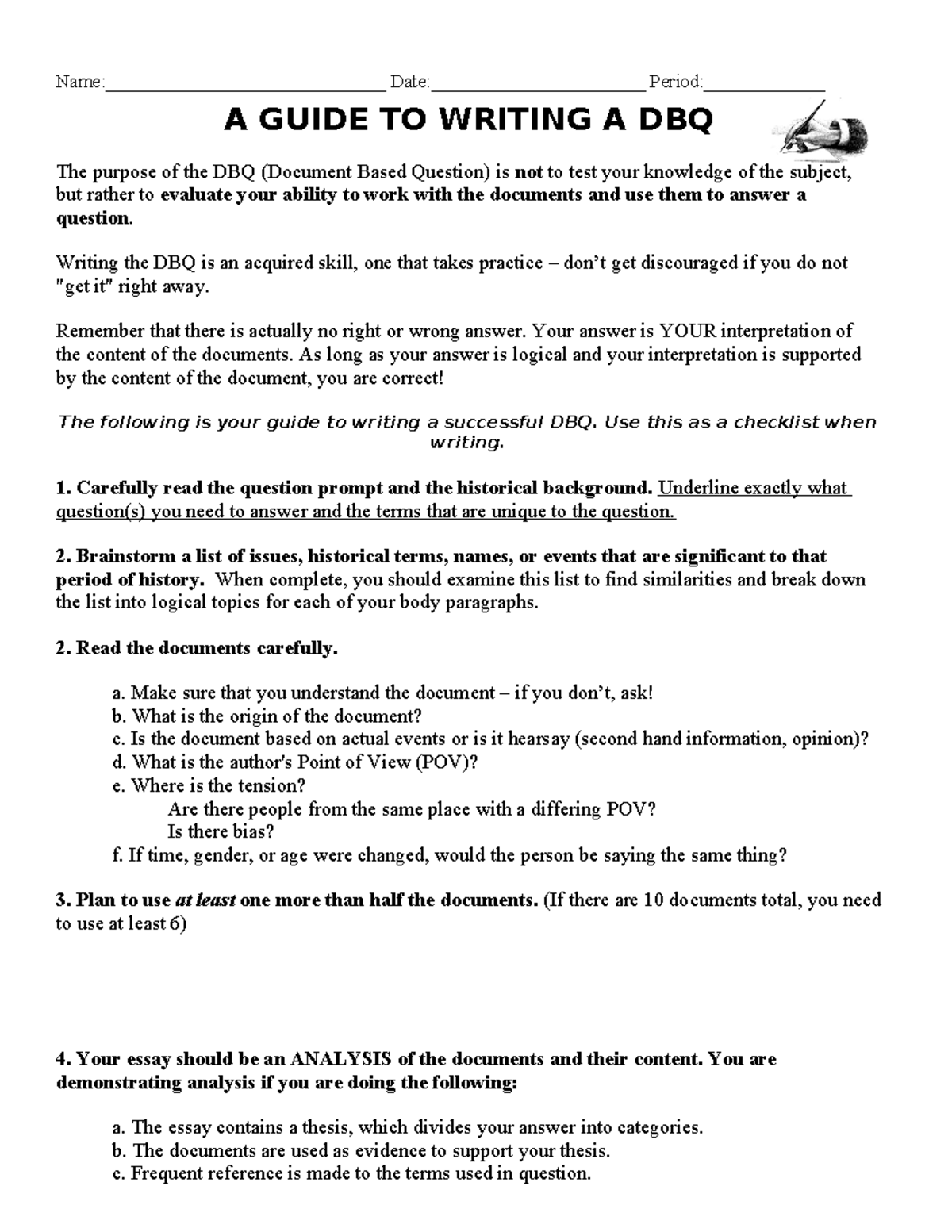 Guide to Writing a DBQ - info on how to write a dbq - Name