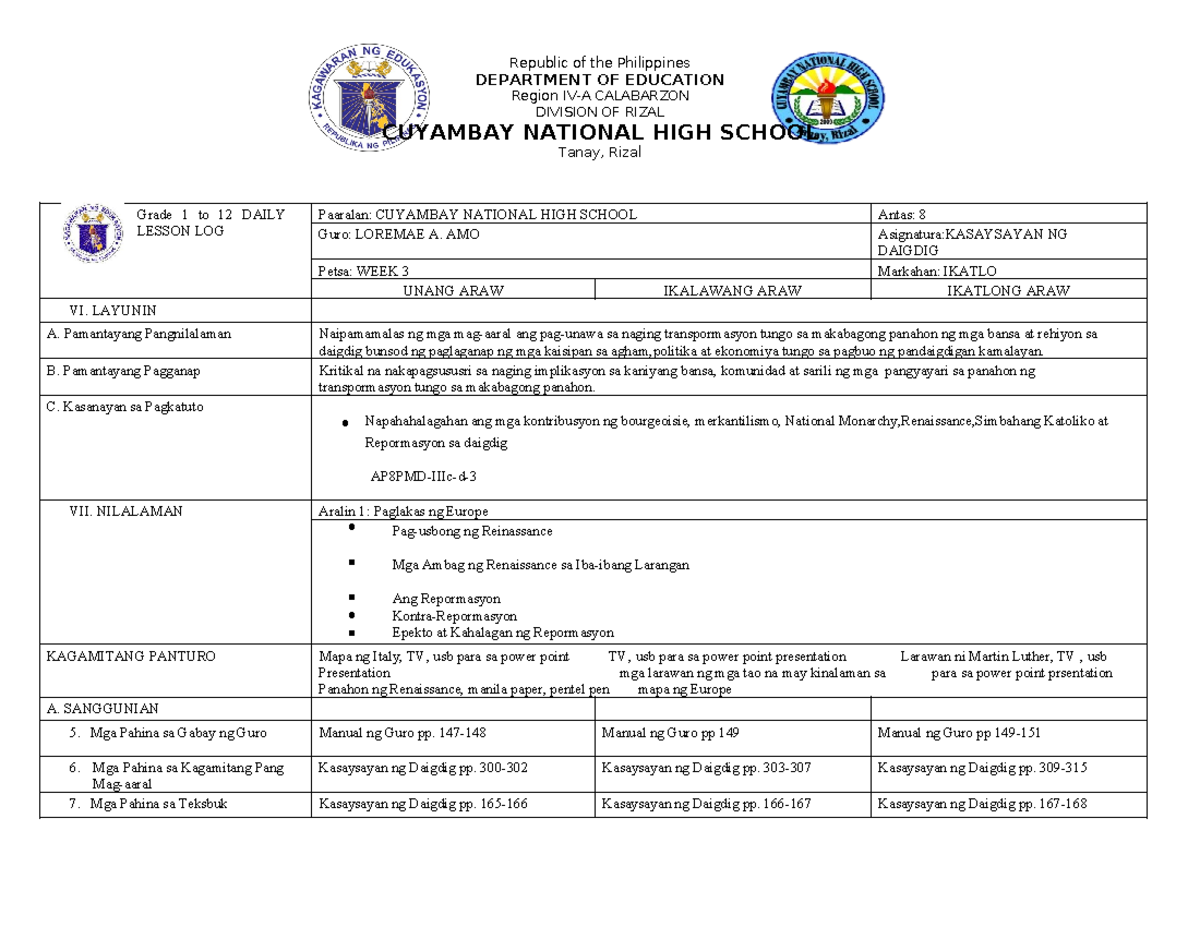AP8-WEEK 3 - Lesson Log on Renaissance and Reformation in History - Studocu
