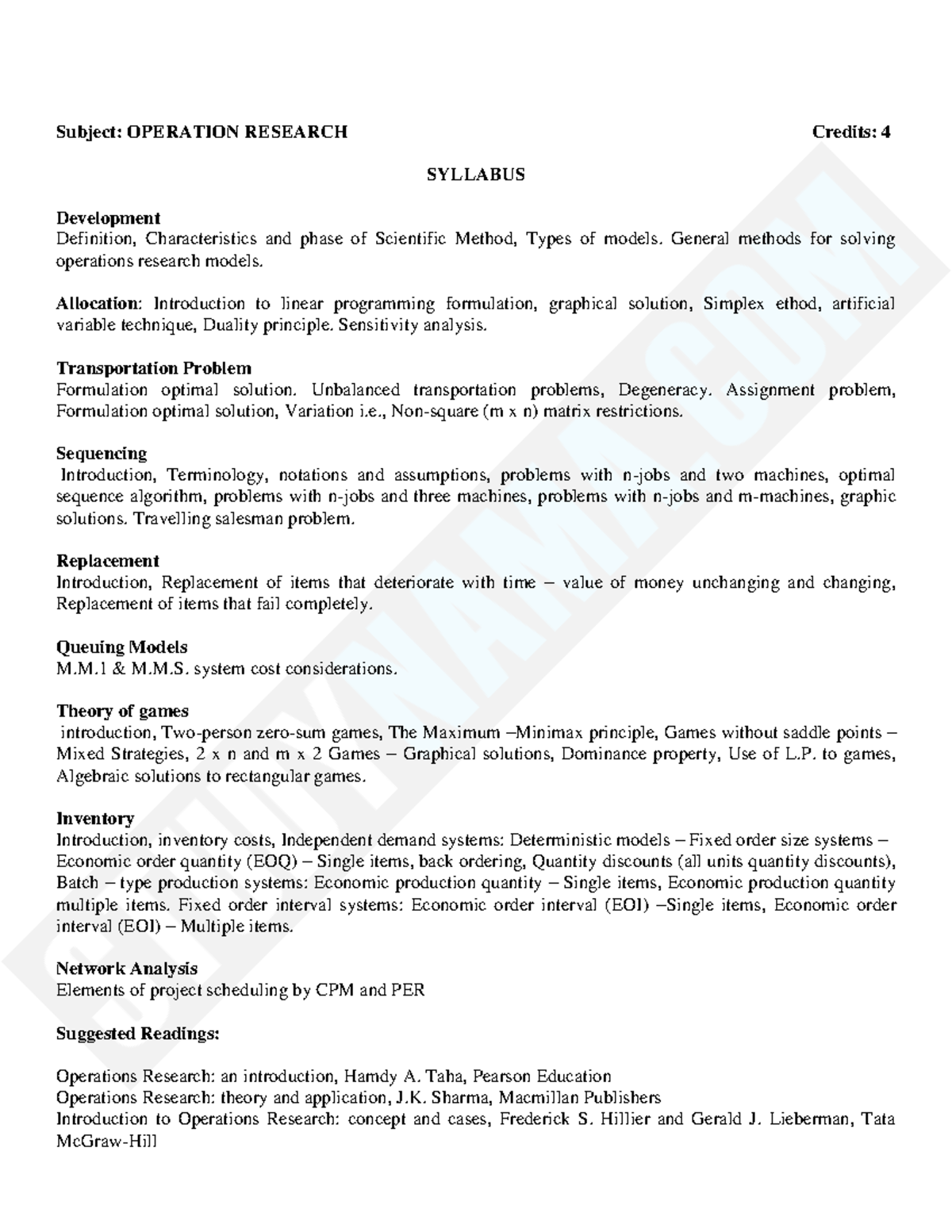 Operation Research - NOTES - Subject: OPERATION RESEARCH Credits: 4 ...