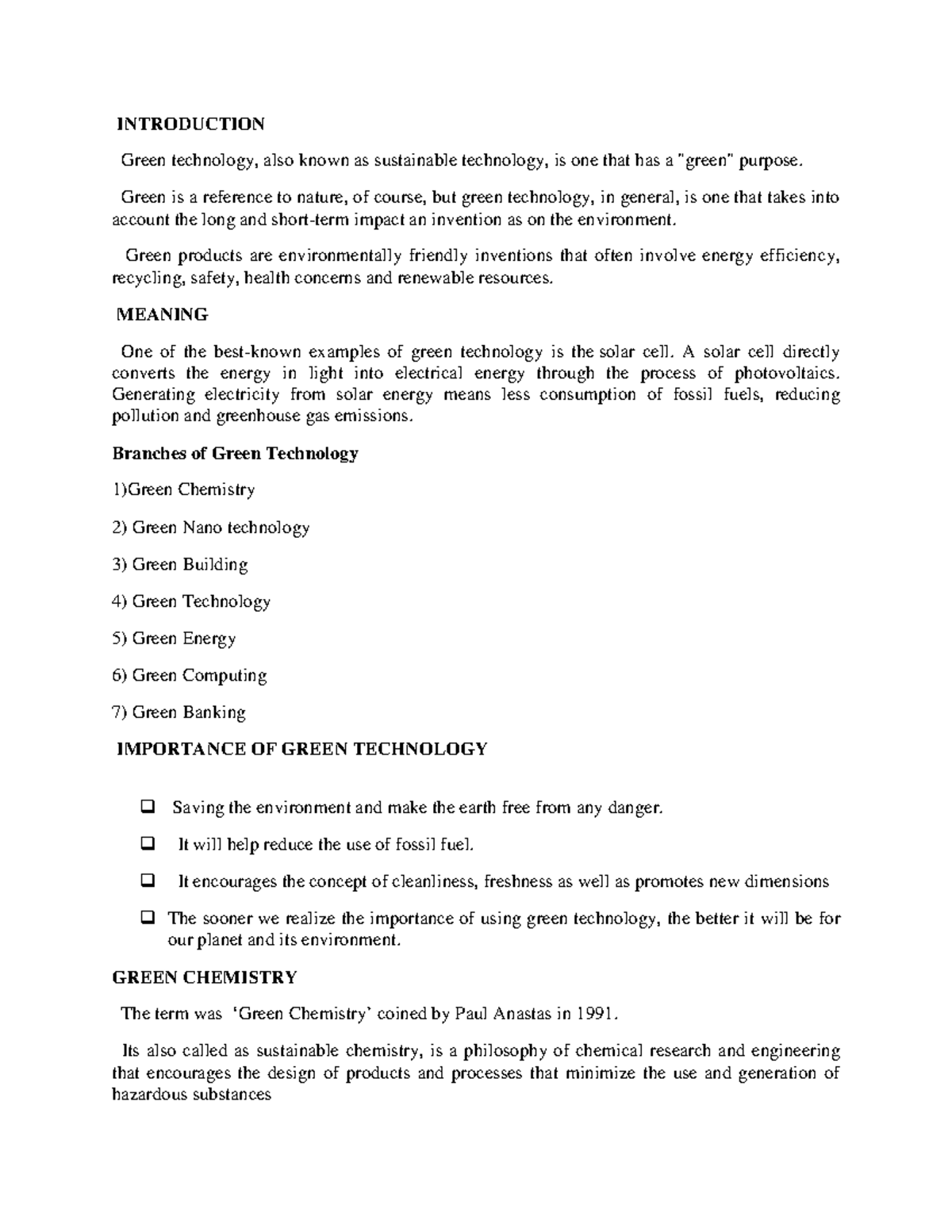 Green Technology Overview: Benefits, Branches, and Importance - Studocu