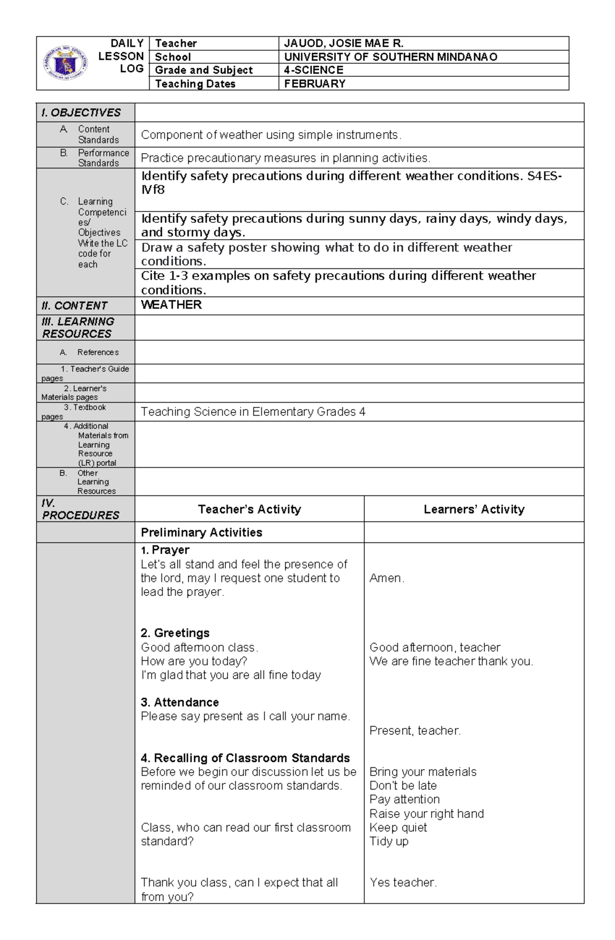 Science Lesson Plan: Safety Precautions for Weather Conditions (Grade 4 ...