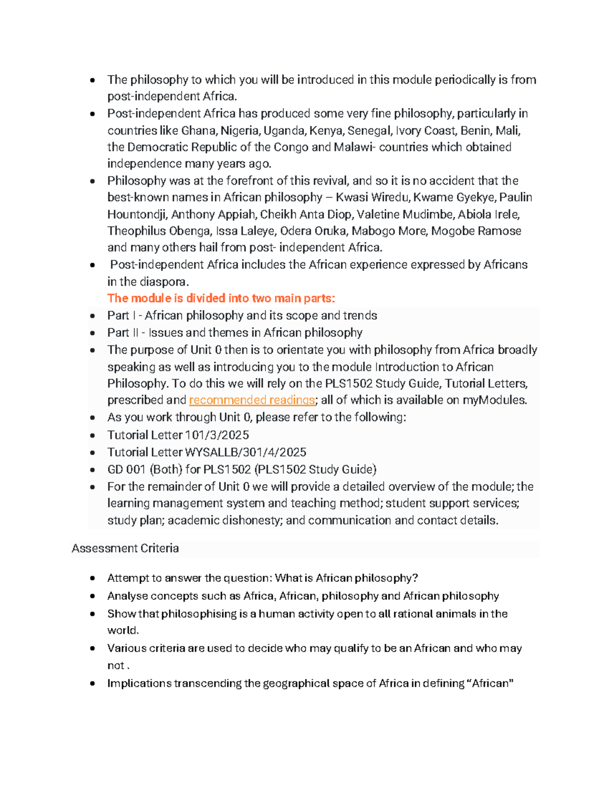 PLS1502: Introduction to African Philosophy - Unit 0 Overview - Studocu