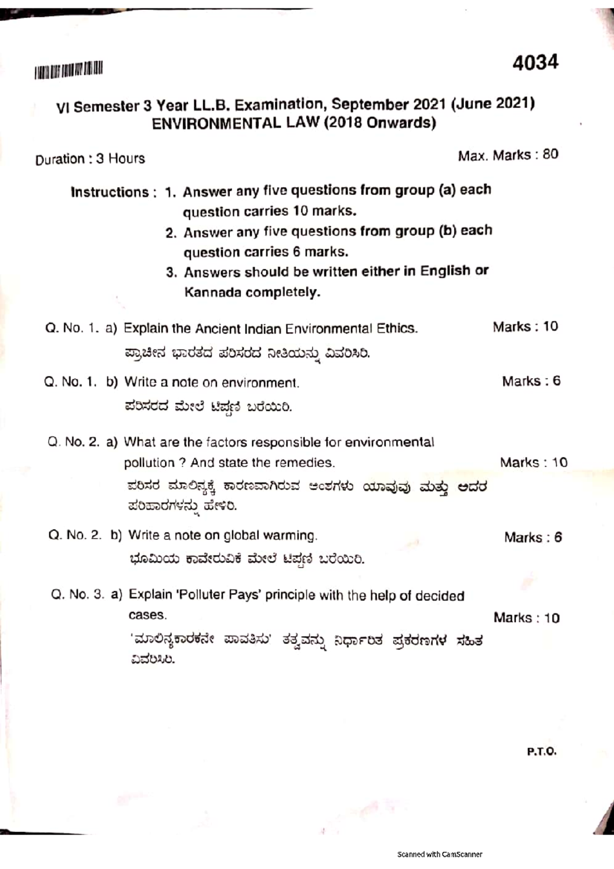 Environmental law 80-20 question paper 230725 205807 - Kslu 4th sem ...