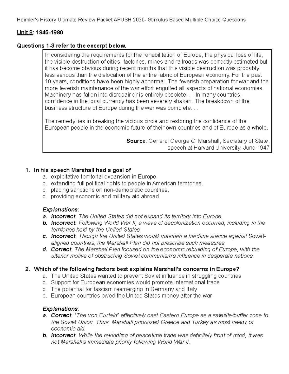 Unit 8 History Practice Questions - Focus on Post-WWII Developments ...