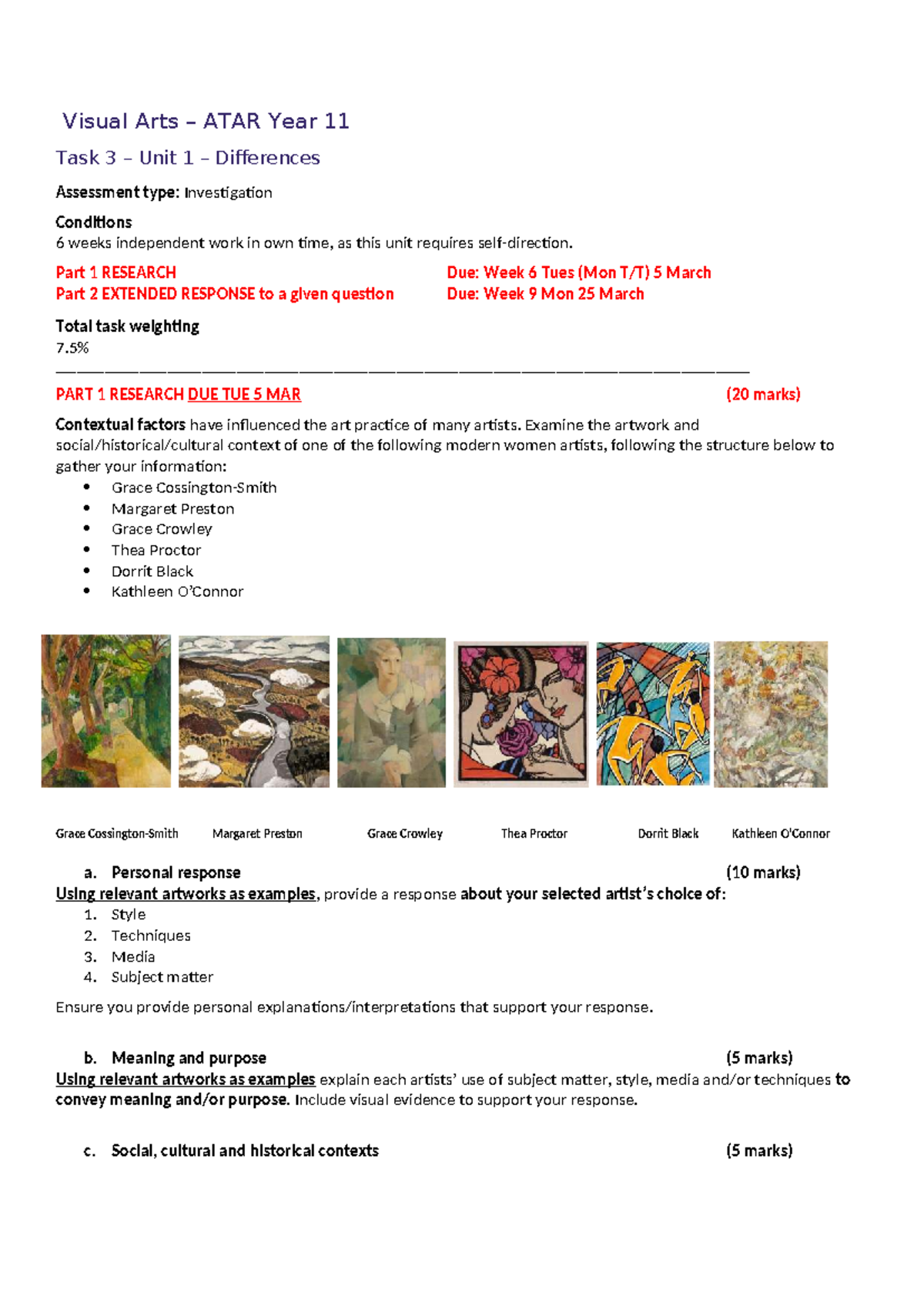 Visual Arts ATAR Year 11 Task 3 Unit 1: Modern Women Artists ...