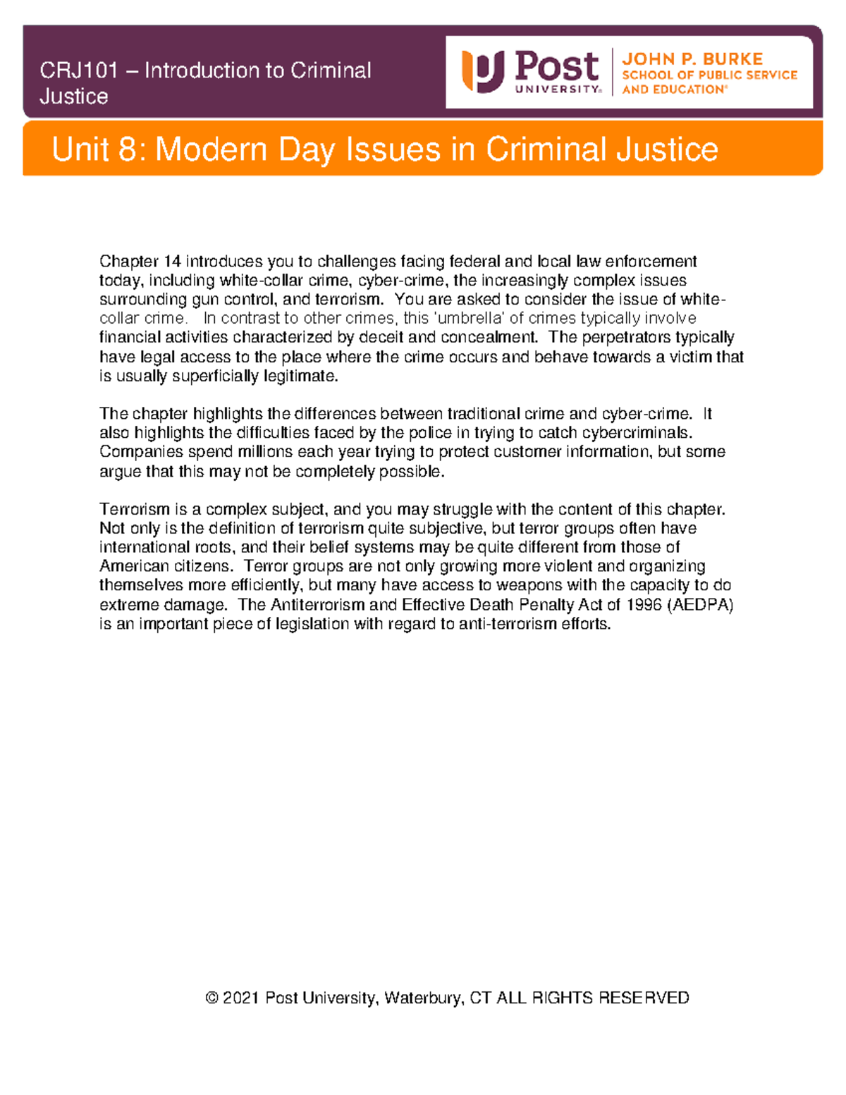 Unit 8 Summary - CRJ101: Modern Issues in Criminal Justice - Studocu