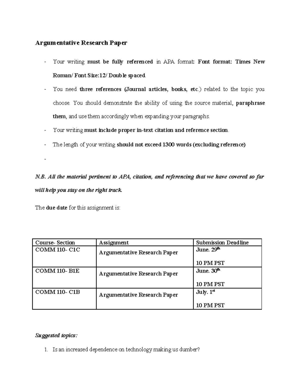 COMM 110 Argumentative Research Paper Guidelines and Topics - Studocu