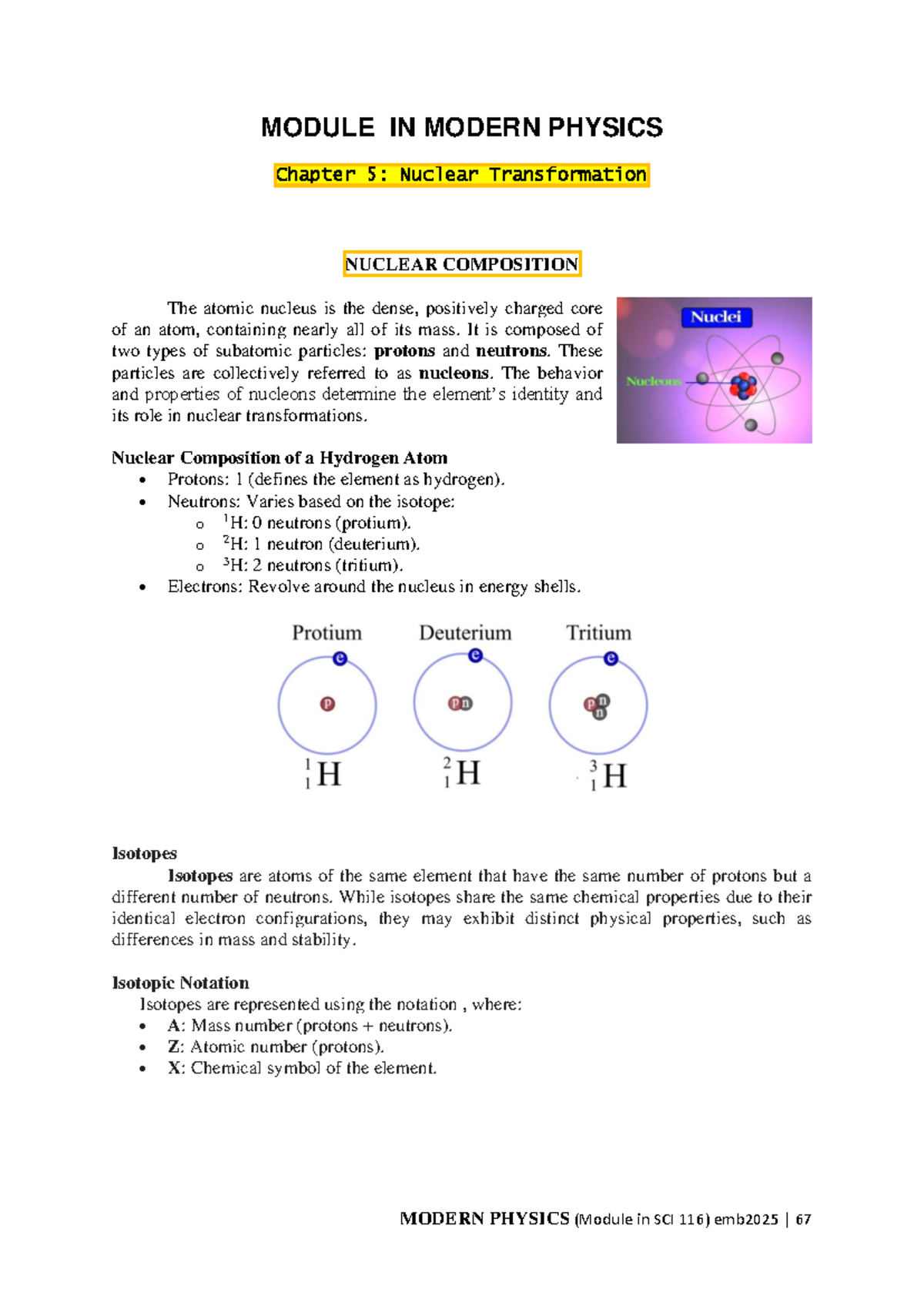 MODULE IN MODERN PHYSICS (SCI 116) Chapter 5: Nuclear Transformation - Studocu
