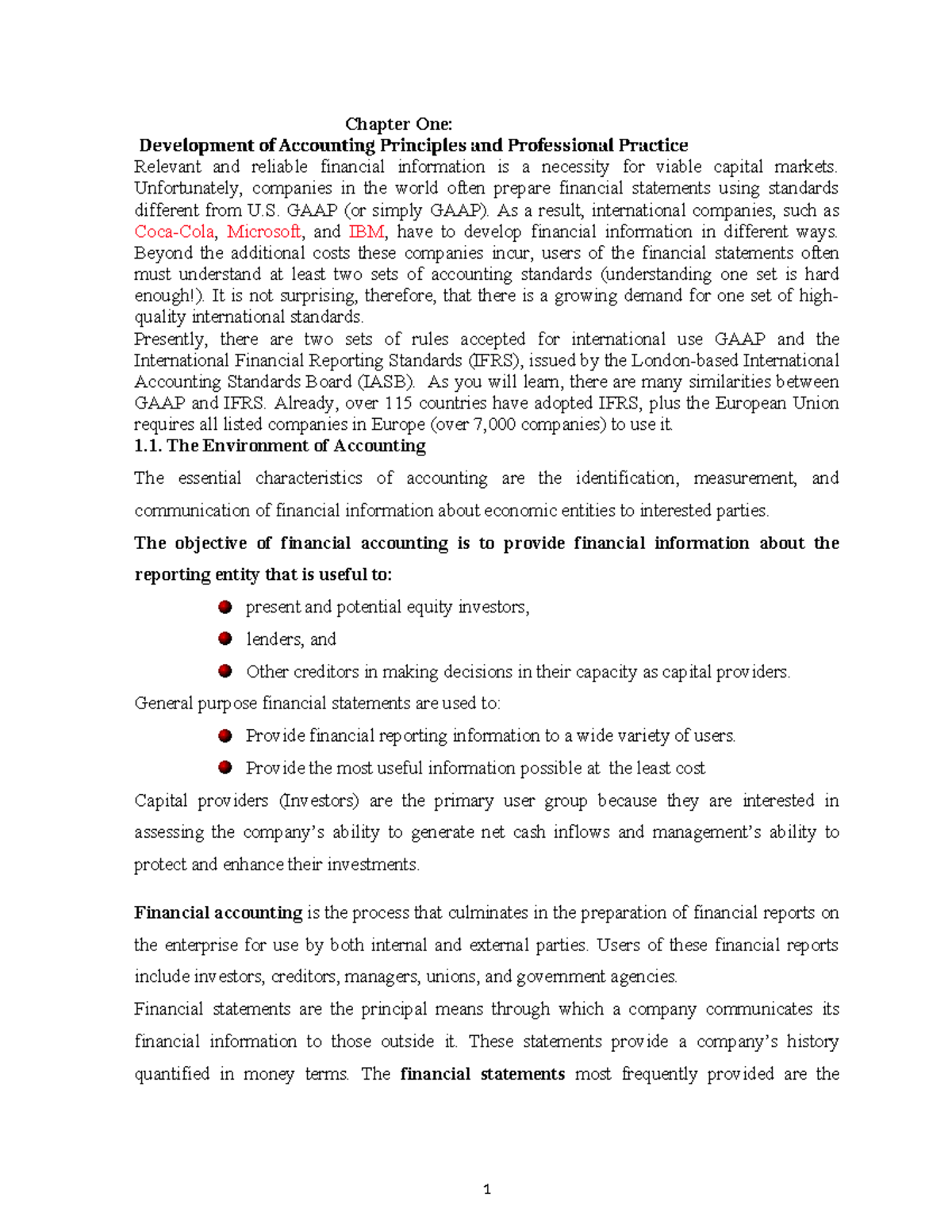 IFA I Chapter 1 - all of - Chapter One: Development of Accounting ...