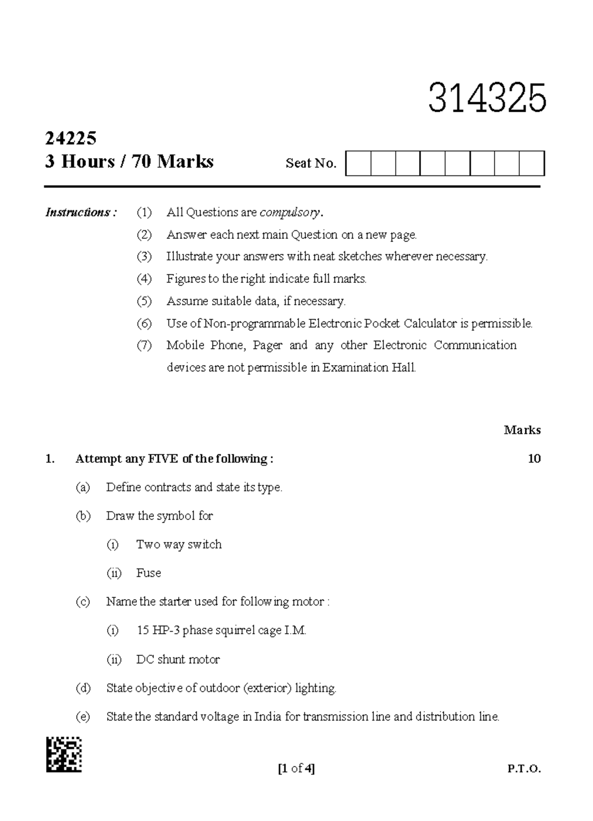 314325 - Electrical Engineering Exam: 3 Hours, 70 Marks Instructions ...