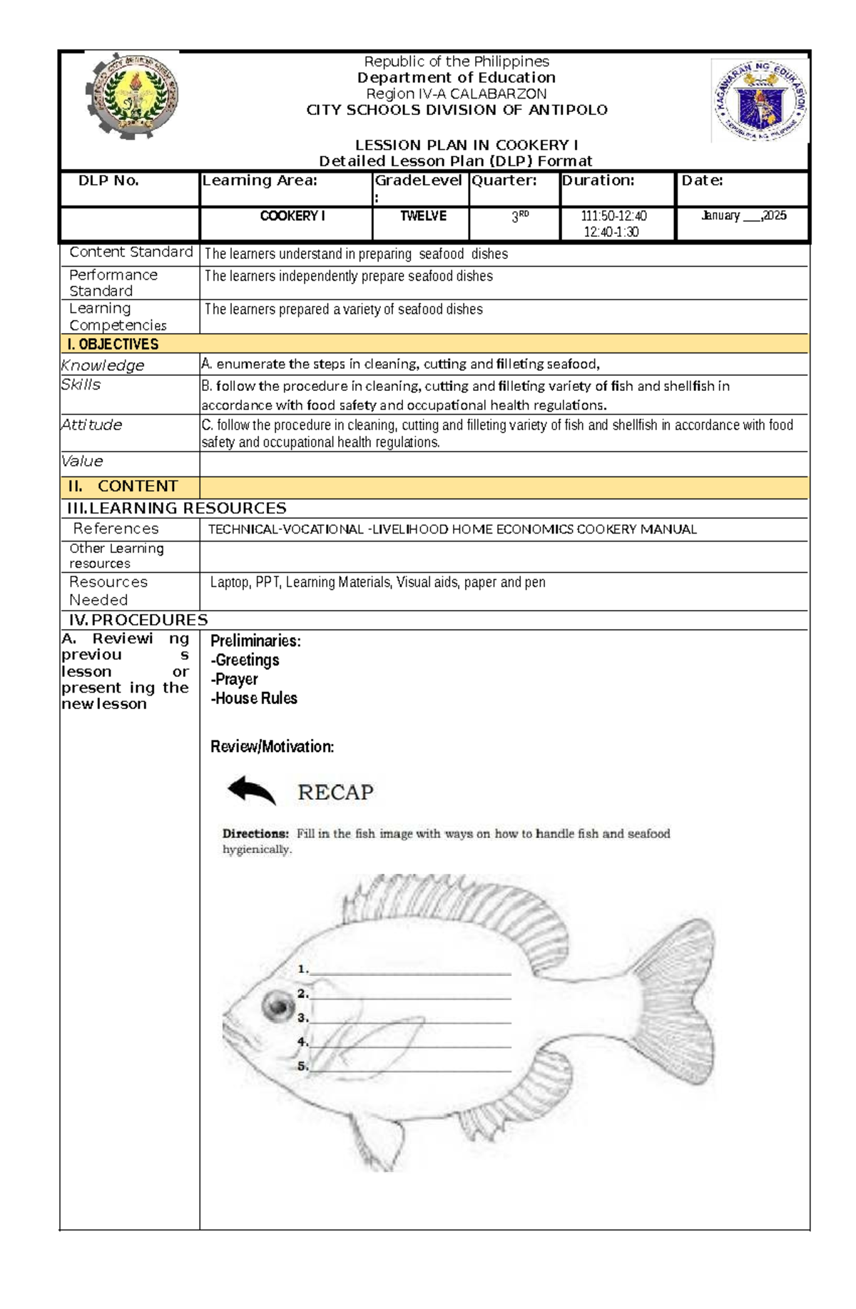 DLP: Lesson Plan in Cookery I for Grade 12 - Q3 Week 3 - Studocu