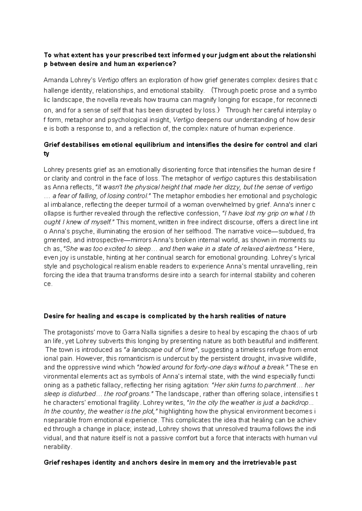 ENG101: Exploring Desire and Grief in Amanda Lohrey's "Vertigo" Essay ...