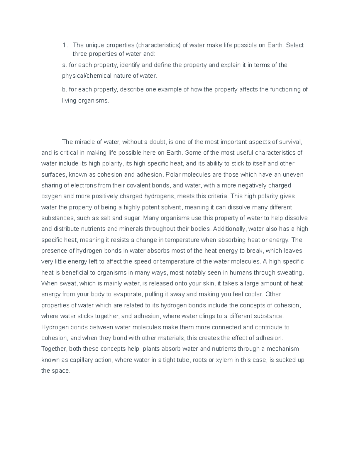 Bio Essay 1: The Essential Properties of Water for Life - Studocu