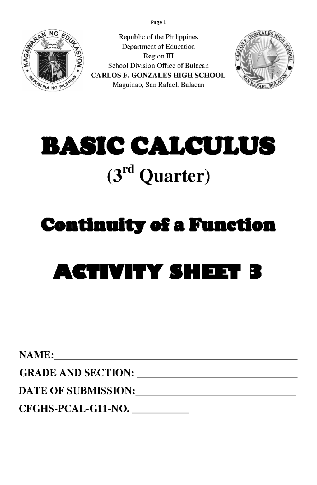 Activity Sheet: Basic Calculus (Q3) - Continuity of Functions - Studocu