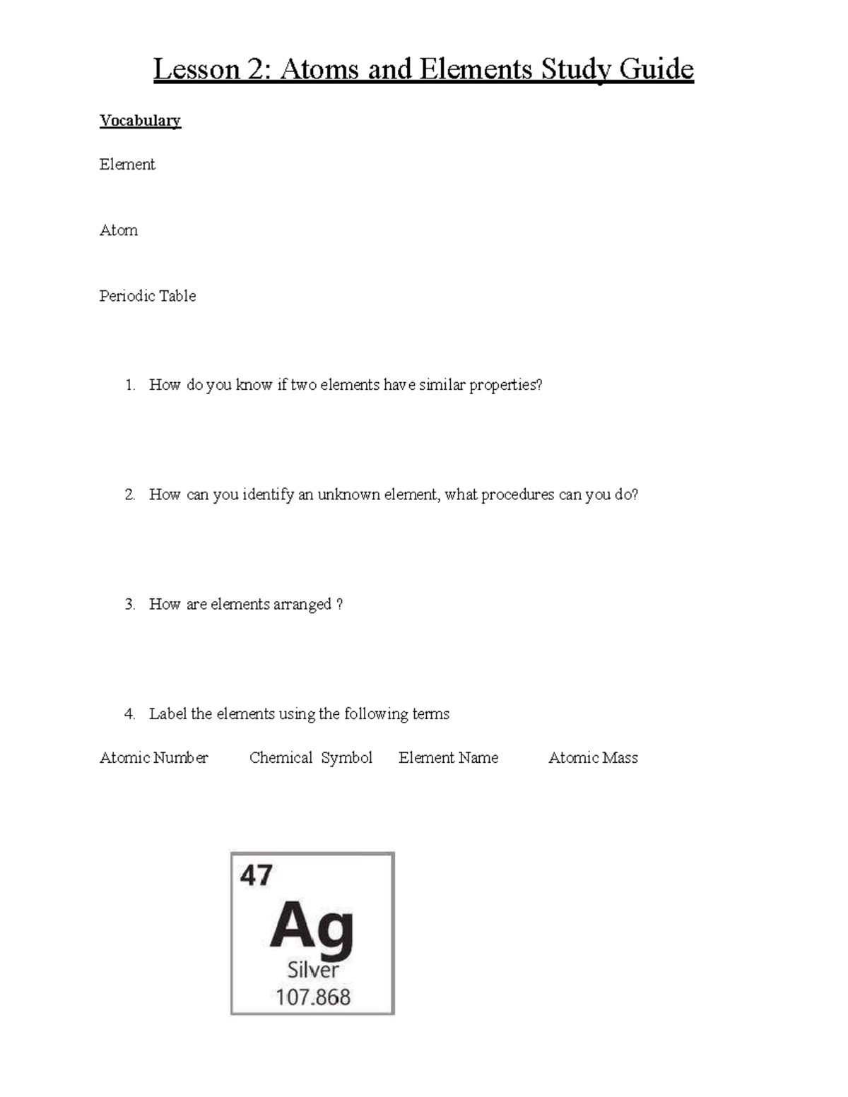 Atoms and Elements Study Guide - CHM 1045 - Lesson 2: Atoms and ...