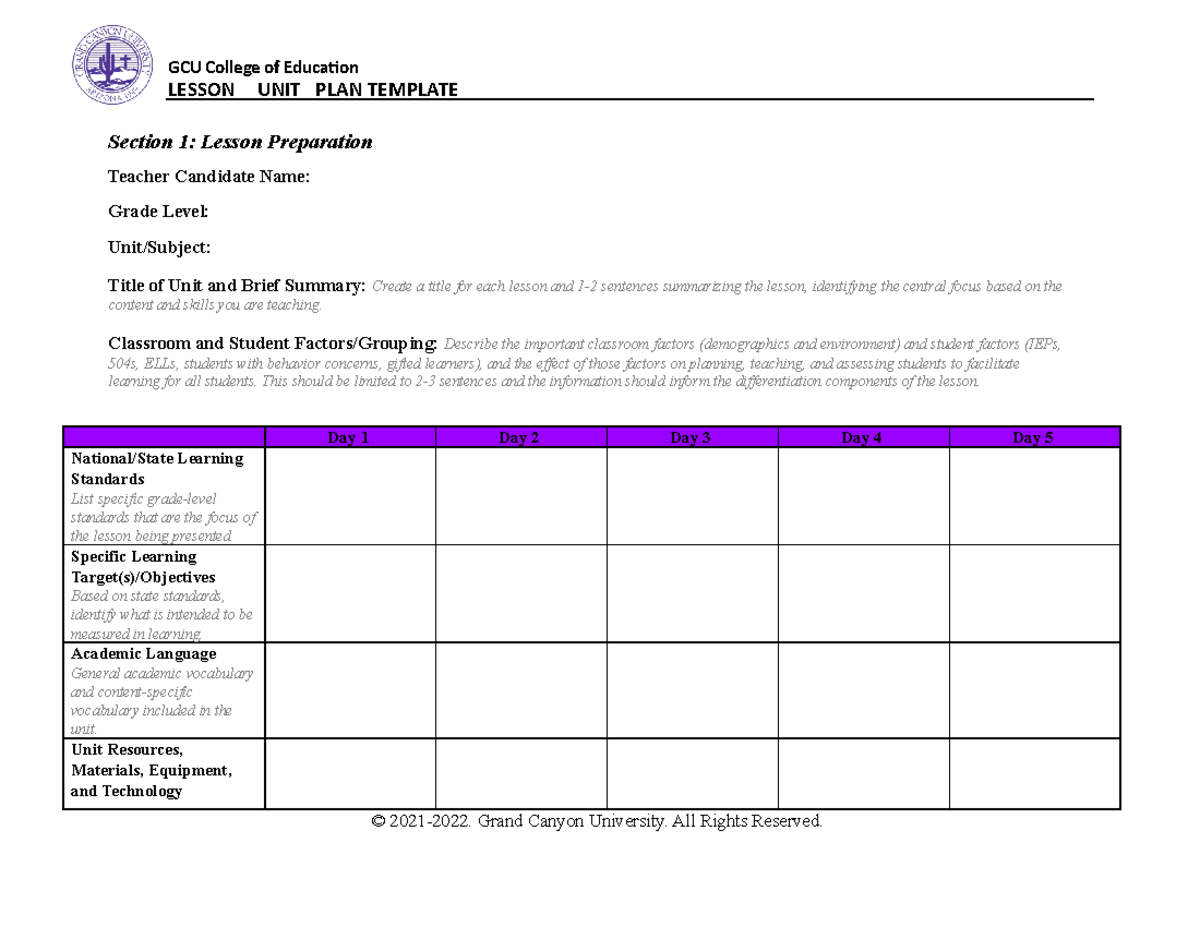 GCU Unit Plan Template for 5-Day Lesson Preparation - Studocu