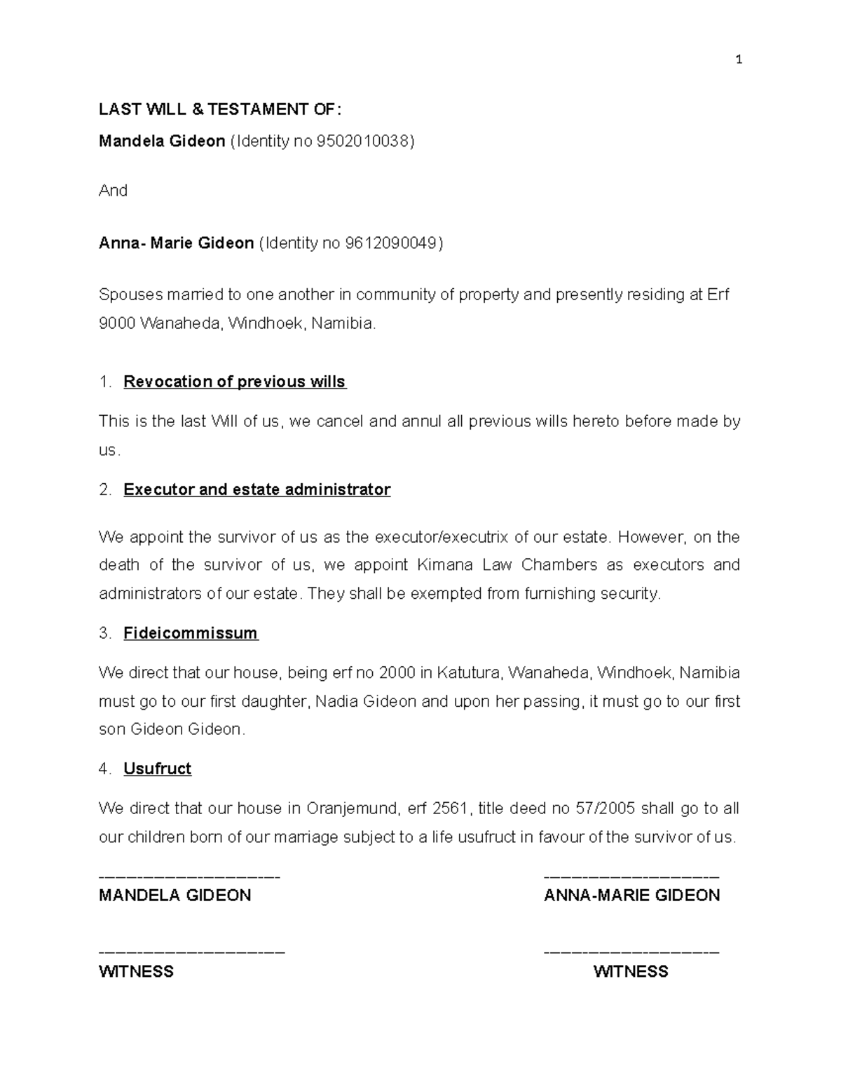 Ndahafa Wills - Last Will & Testament of Mandela & Anna-Marie Gideon ...