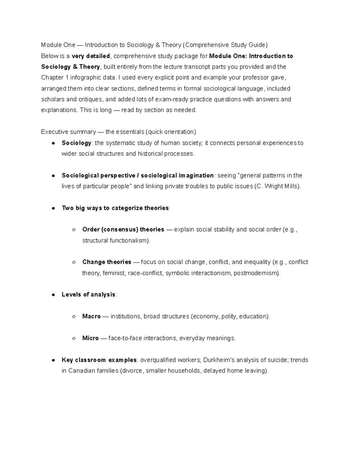 Module One: Intro to Sociology & Theory (Comprehensive Study Guide ...