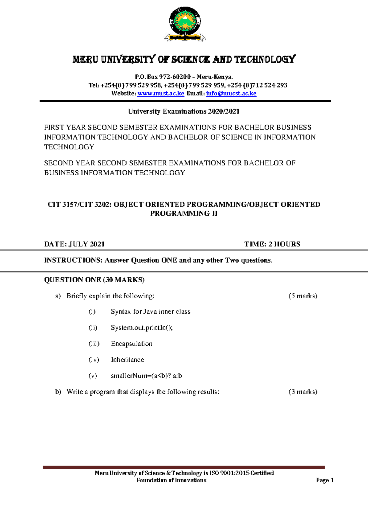 CIT 3202: Object Oriented Programming II Exam Notes - Studocu
