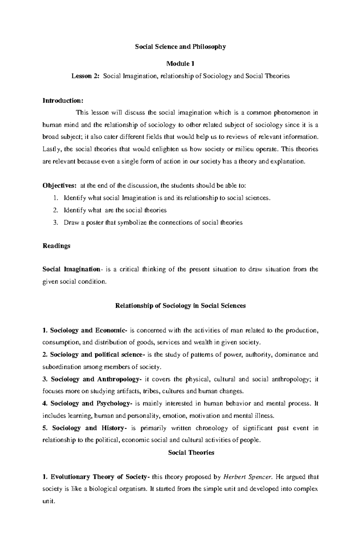 Social Science Module 1: Understanding Social Imagination & Theories ...