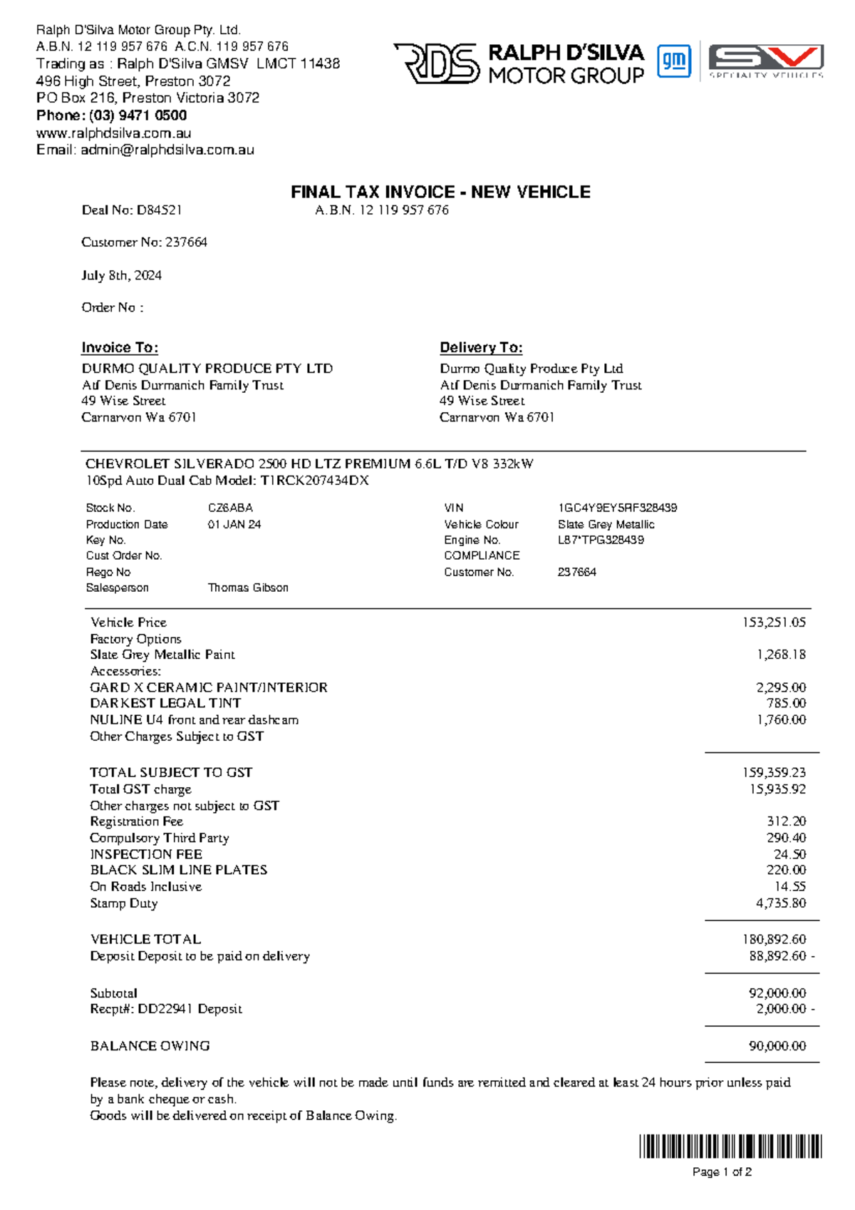 MV Invoice & Loan Agreement - Chevrolet Silverado 2500 HD - FINAL TAX ...