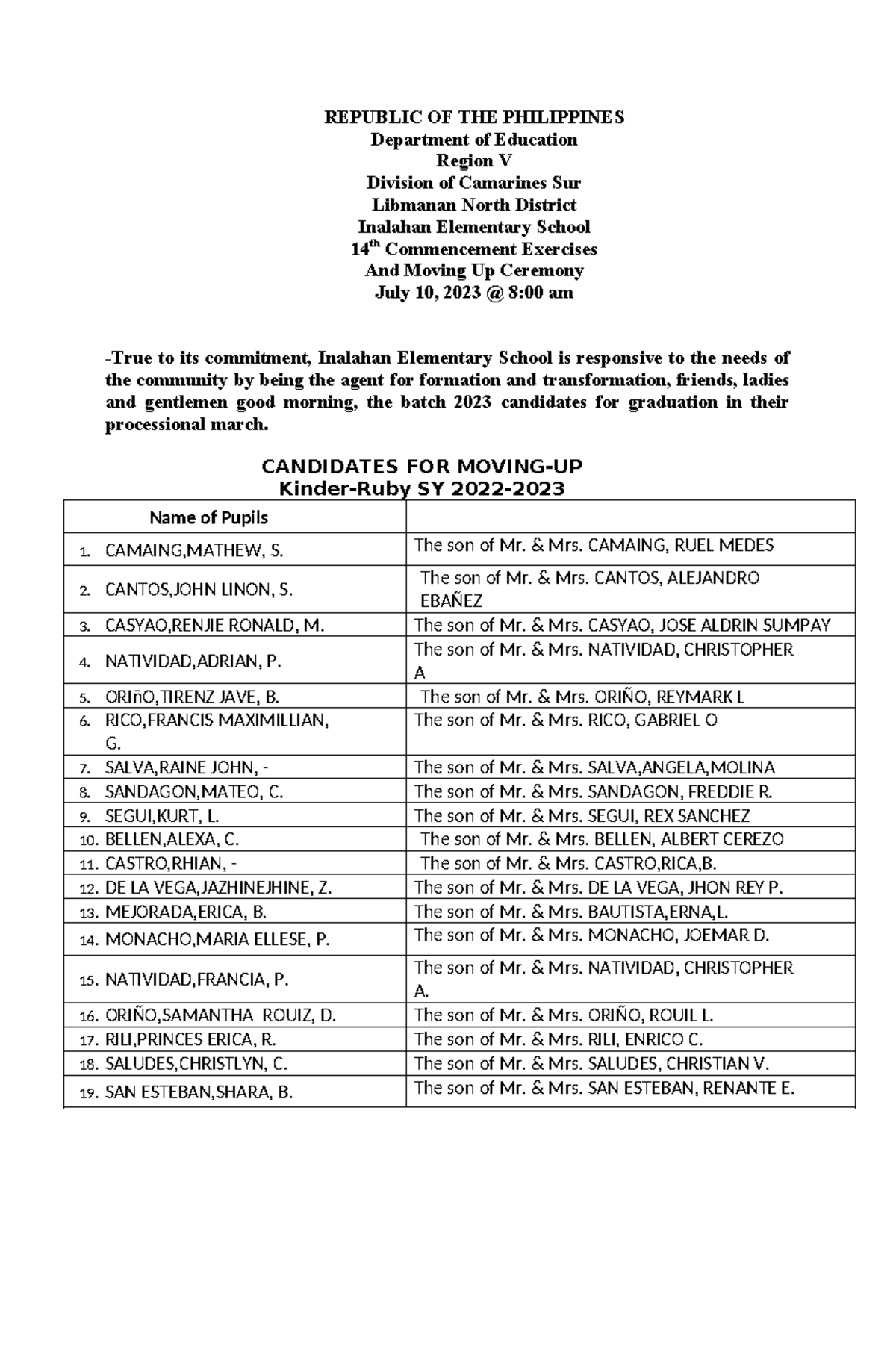 Script-graduation - REPUBLIC OF THE PHILIPPINES Department of Education ...