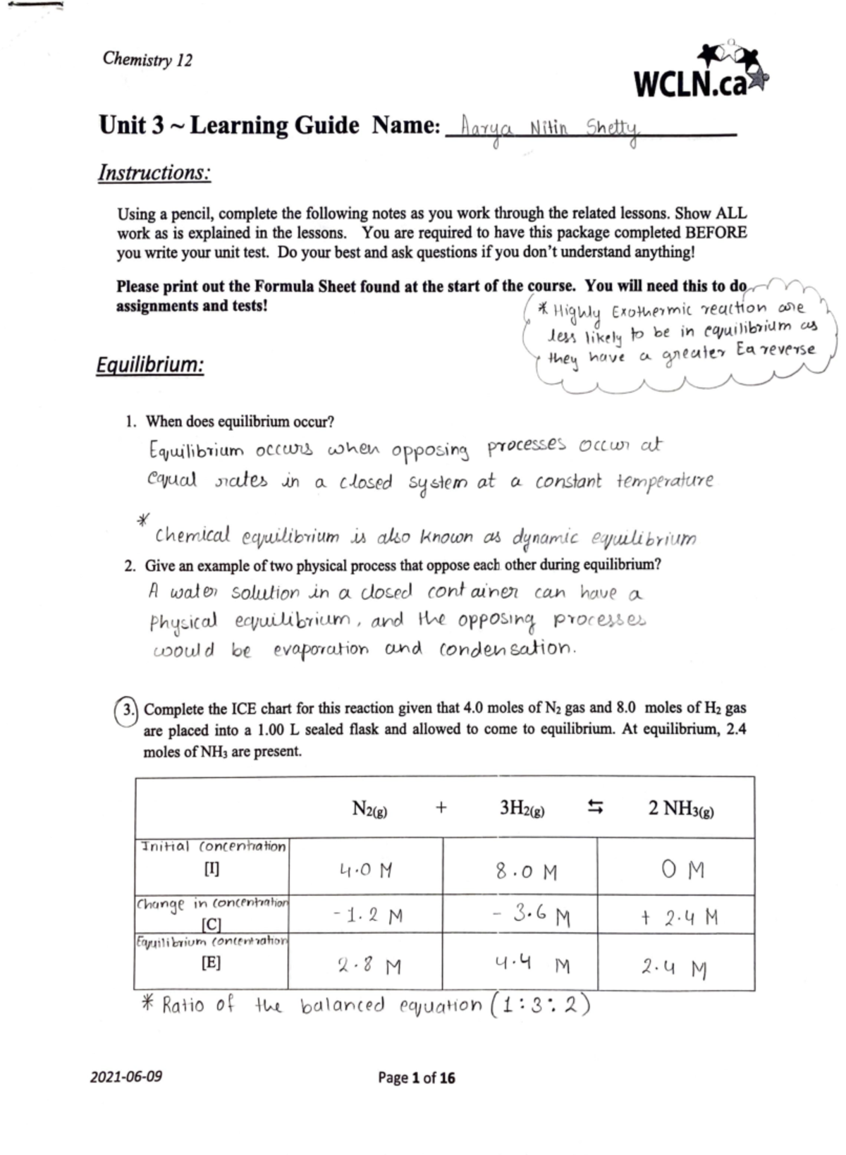 Chem 12 unit 3 learning guide WCLN - Chemistry 12 WCL~ Unit 3 ,-,J ...
