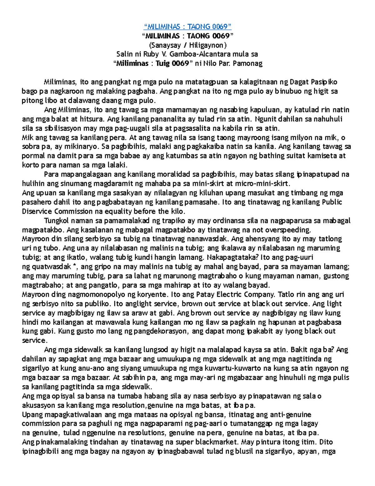 Miliminas: Sanaysay sa Taong 0069 ni Nilo P. Pamonag - Studocu