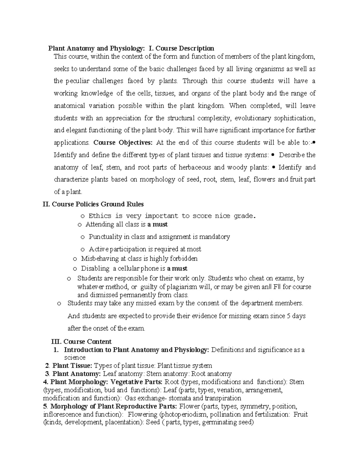 PAP 101: Syllabus for Plant Anatomy and Physiology Course - Studocu