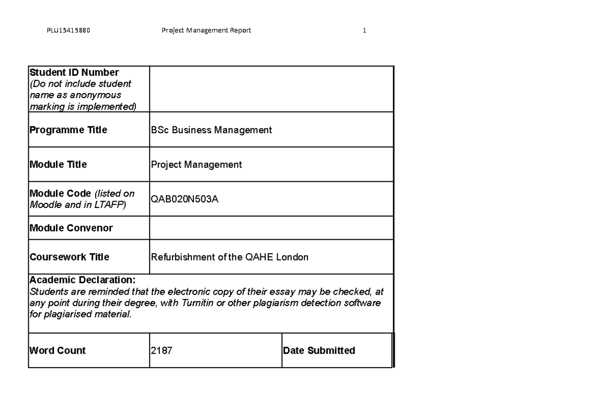 QAB020N503A Project Management Assignment: Refurbishment Case Study ...