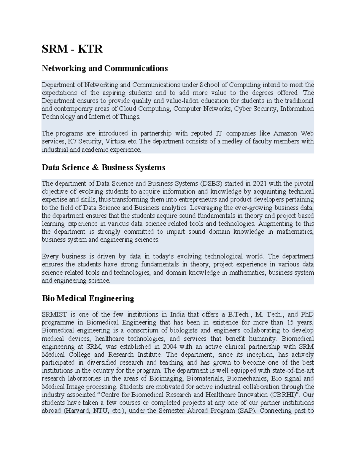 SRM KTR Networking & Communications Overview and Program Highlights - Studocu