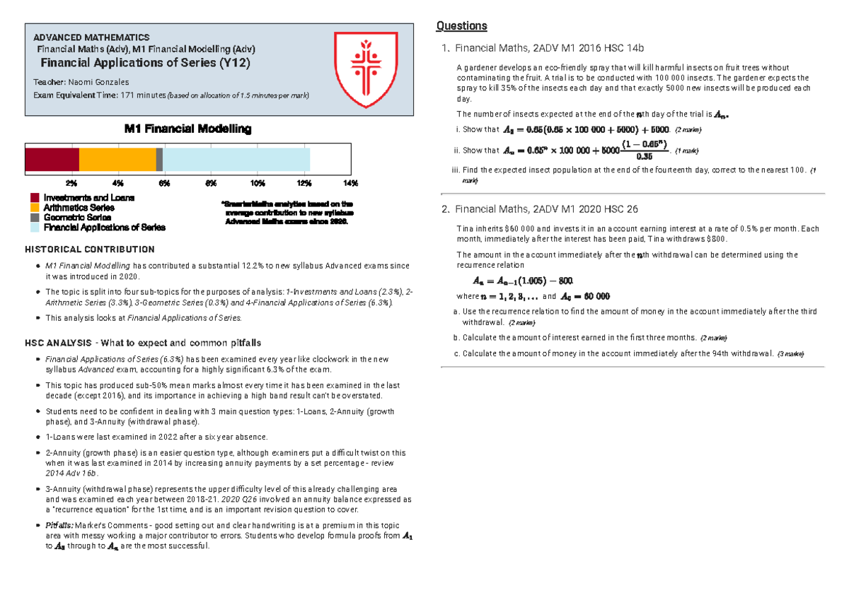 Financial Maths 2ADV M1 HSC Exam Questions on Series Applications - Studocu
