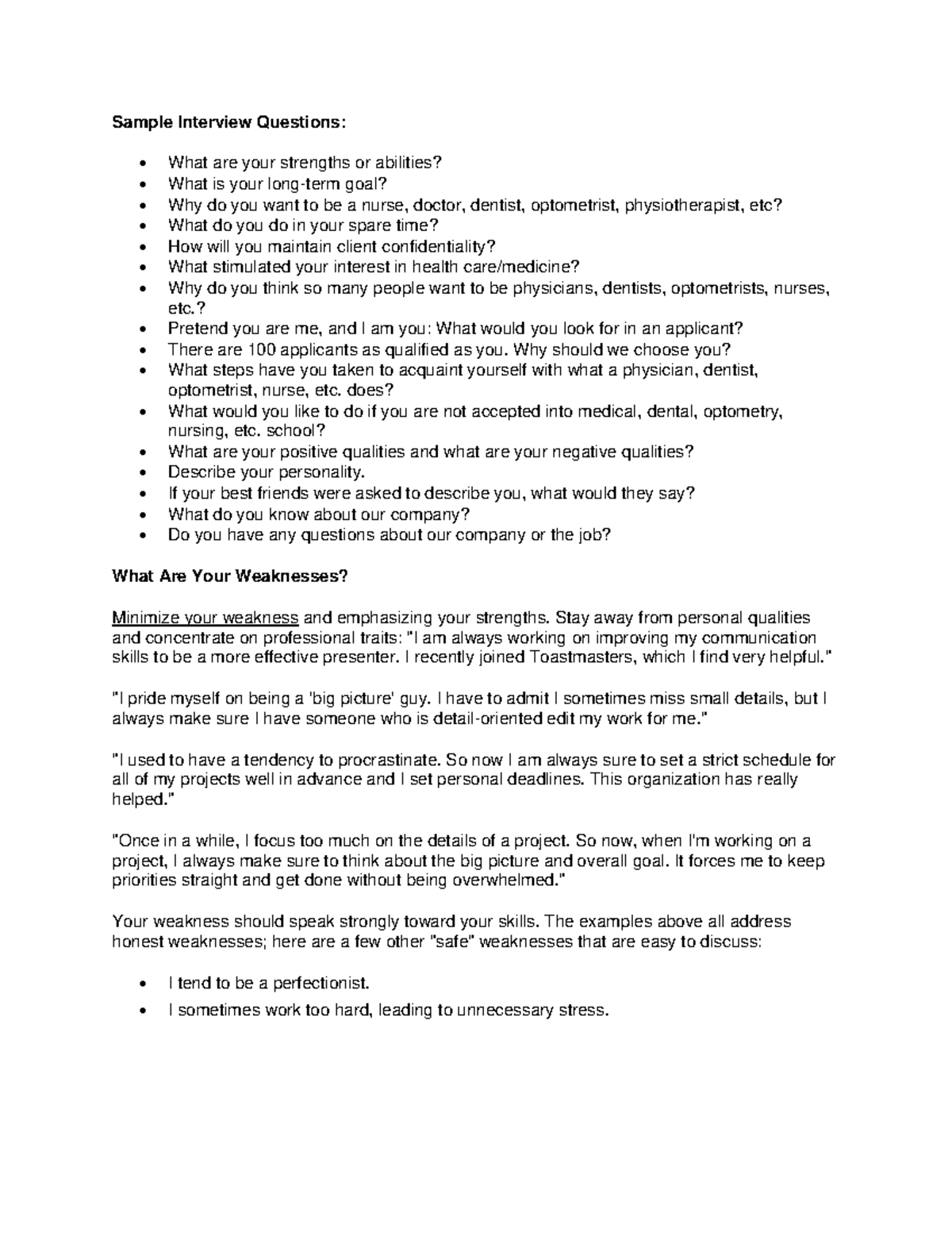 CBE Sample Interview Questions for Healthcare Positions - Studocu