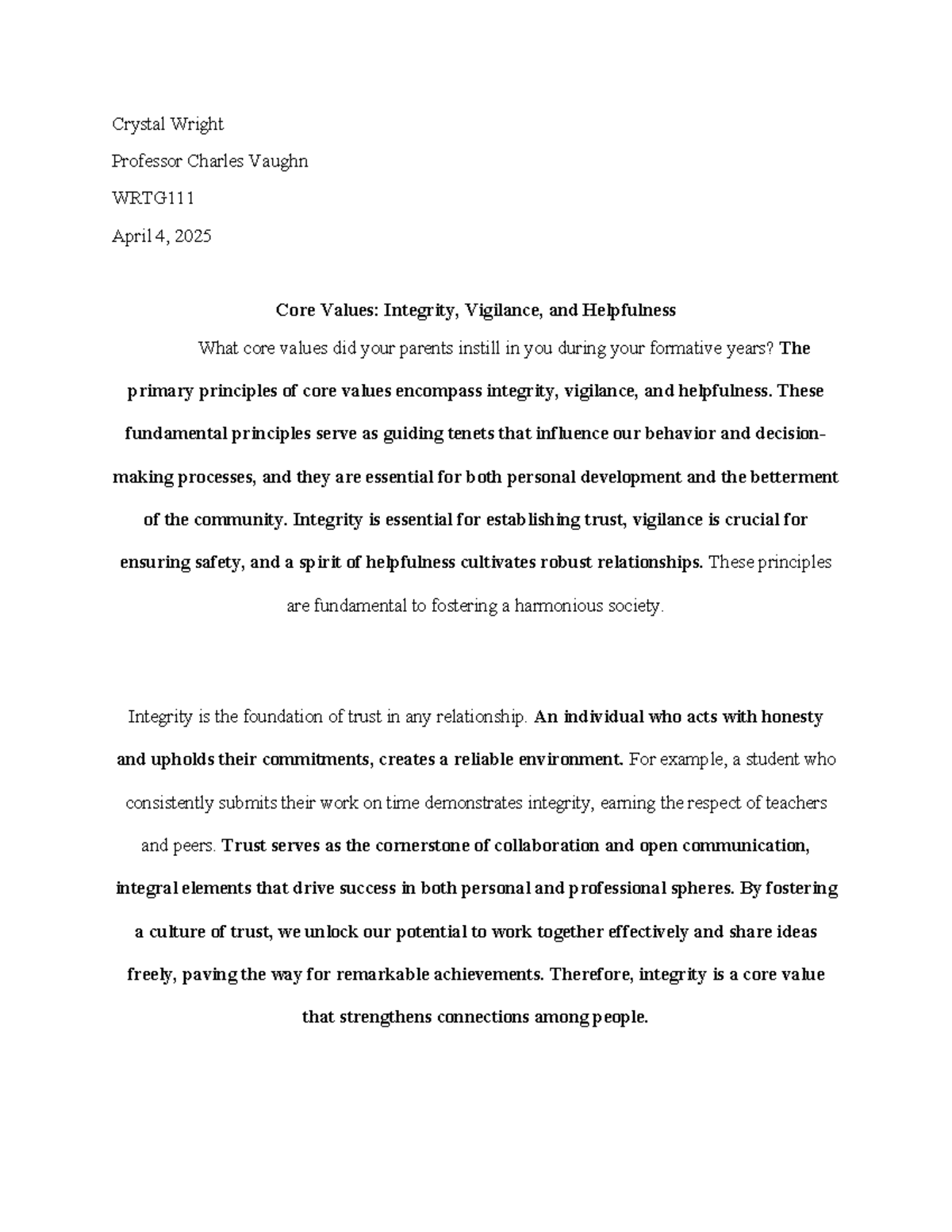 WRTG Core Values Essay: Integrity, Vigilance, and Helpfulness - Studocu