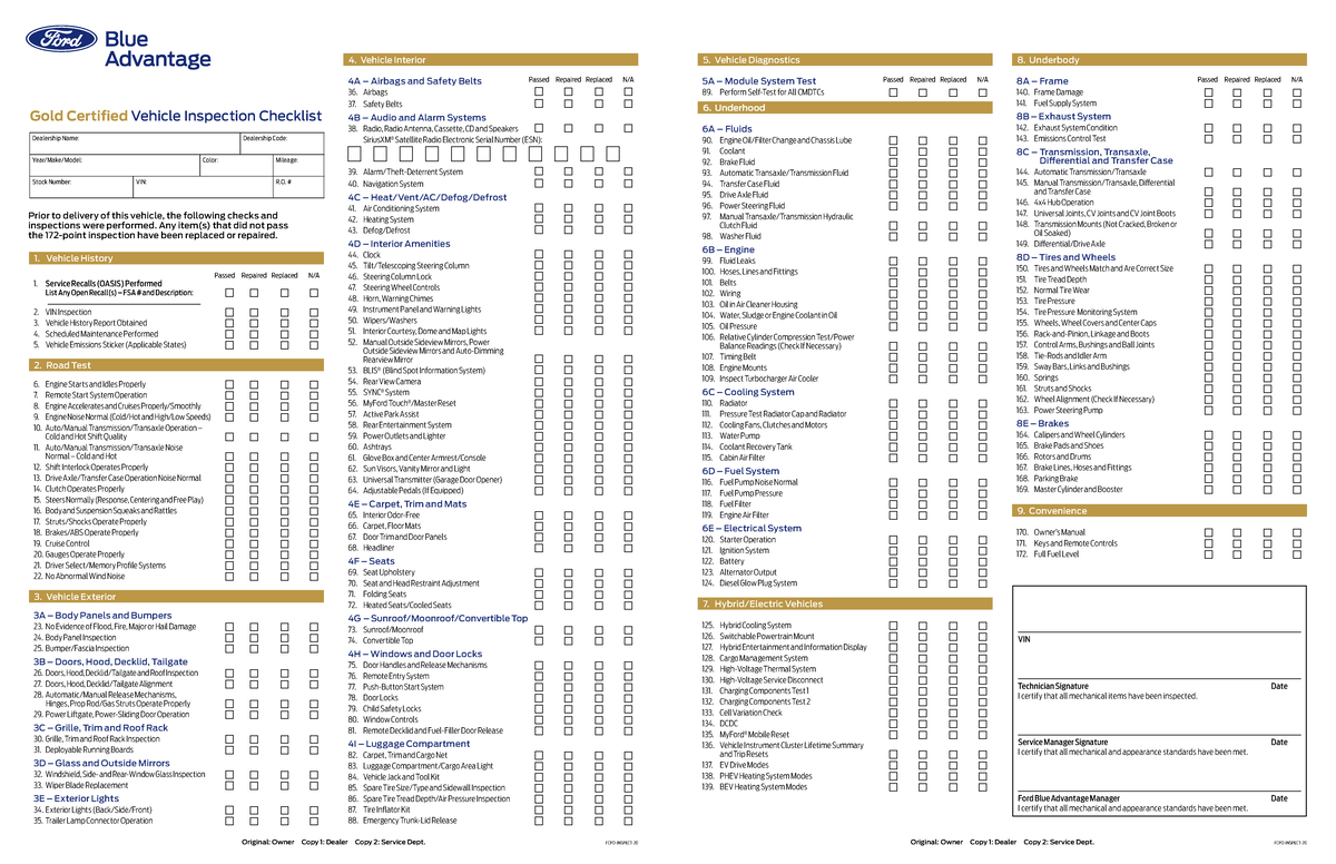 Ford Blue Advantage Gold Certified Inspection Checklist - Prior to ...